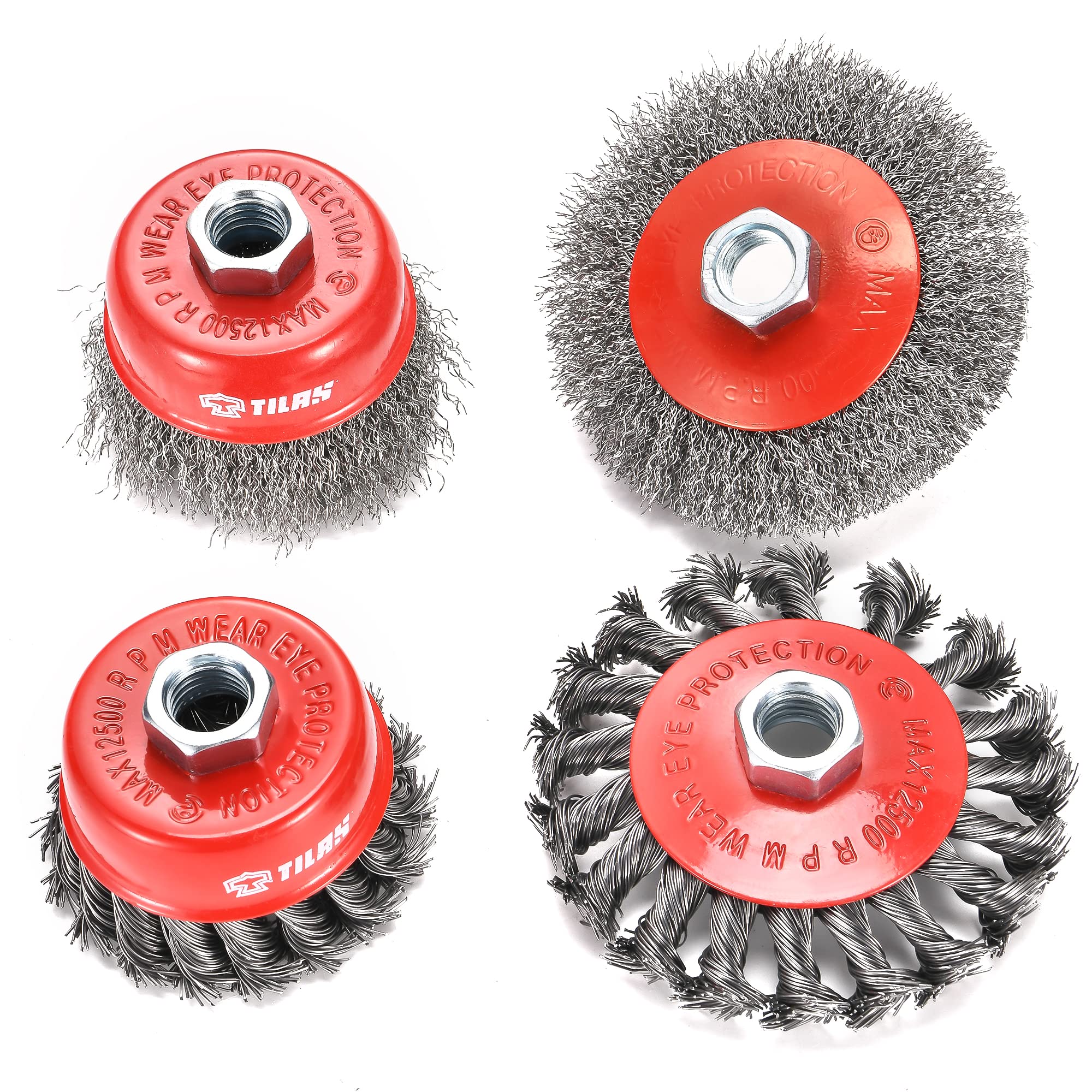 TILAX 4pcs Wire Wheel Cup Brush for Angle Grinder, 5/8 Inch-11 Threaded Arbor, 0.012" Coarse Carbon and 0.02" Knotted Carbon Steel Wire for 4 1/2 Angle Grinder for Heavy-Duty Rust,Paint Removal