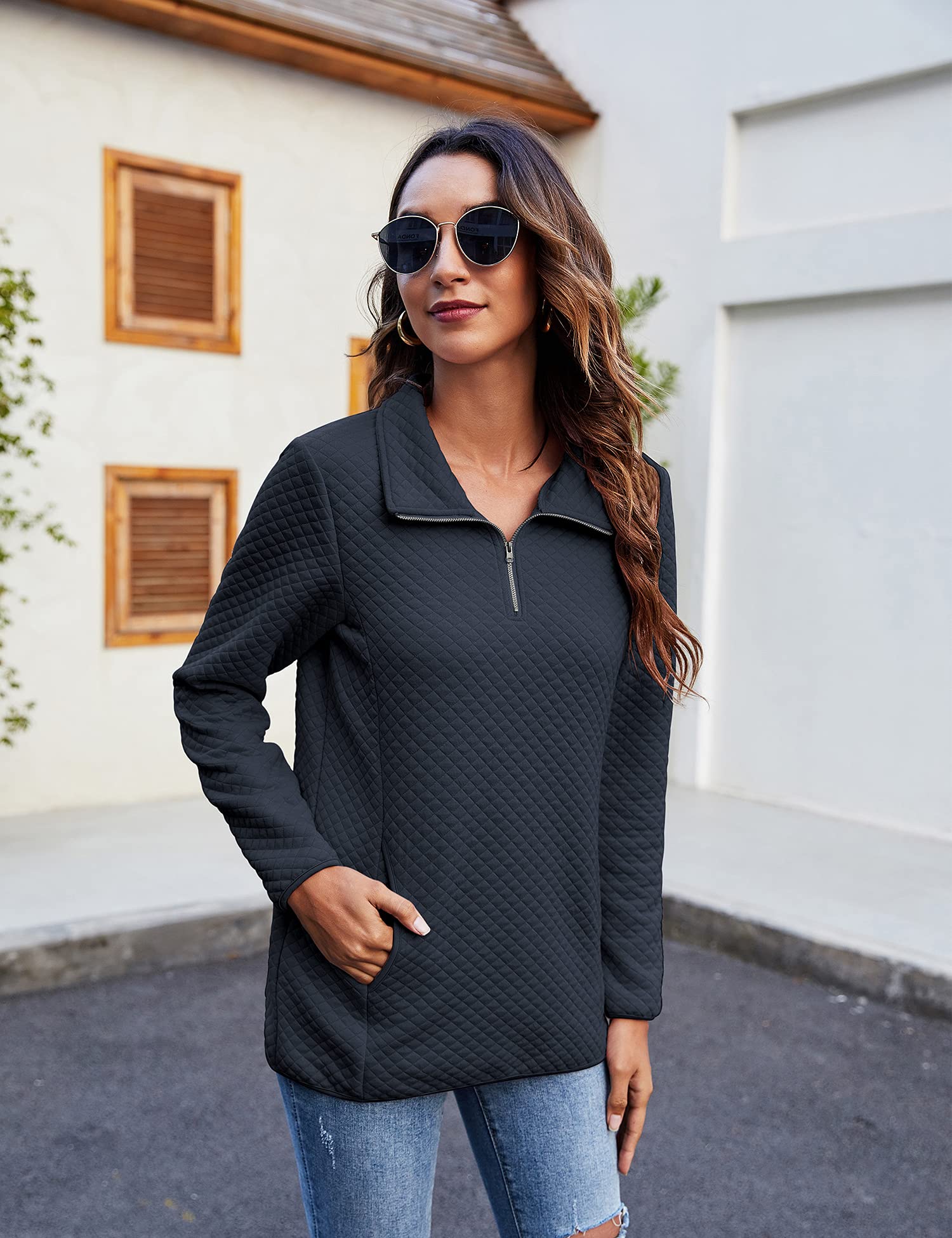 Women Half Zipper Long Sleeve Pullover Quilted Pattern Hoodie Casual Sweatshirt Stand Collar Tops with Pocket Navy Blue S