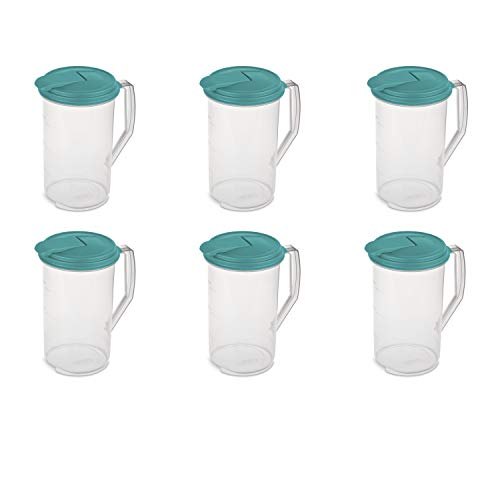 Sterilite 2 Qt Round Pitcher, Spout and Handle for Easy Pouring of Water or Juice, Plastic, Dishwasher Safe, Clear w/Teal Lid, 6-Pack