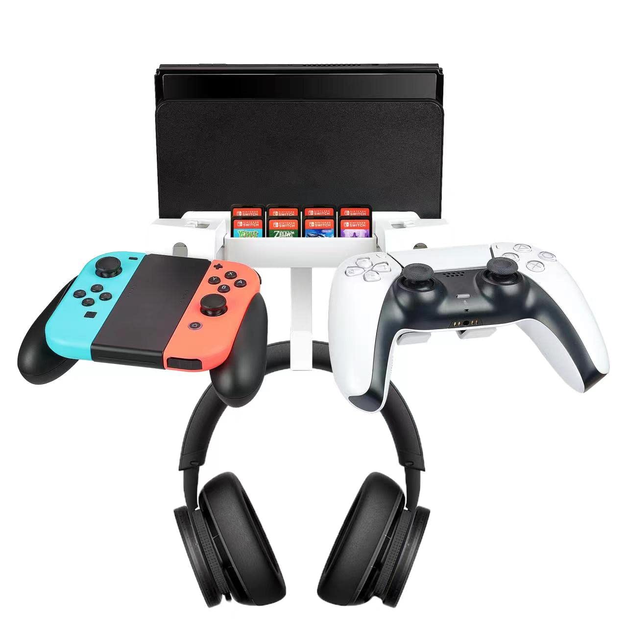 VRAKIY Wall Mount Stand Holder Bundle fot Switch OLED , Comes With 2-in-1 Charge Cable,Detachable Controller Hanger & Headphone Hook for Nintendo Switch 2021