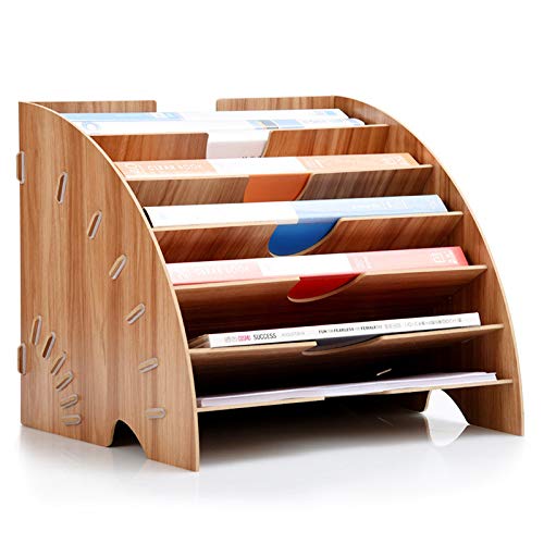 PENGKE File Sorter Organizer 6 Slots,Fan Shaped Mail Letter Document Magazine File Folder Holder,Office Desktop Organizer,Brown