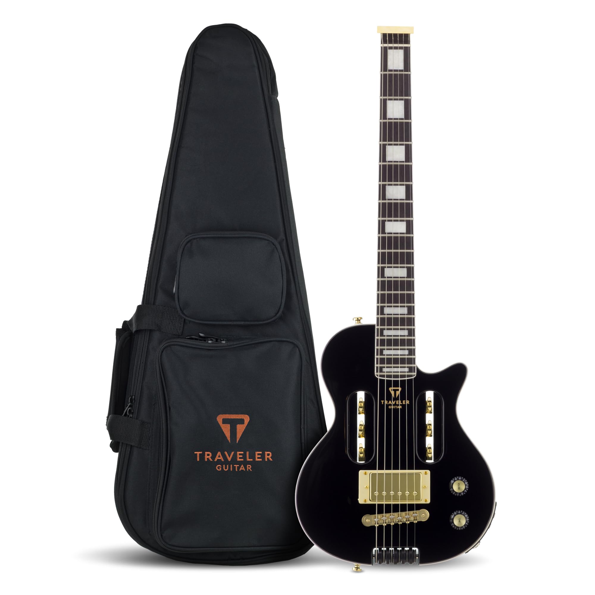 Traveler Guitar EG-1 Custom Gloss Black Electric Guitar | Small Electric Guitar with Headphone Amp | Full 24 3/4" Scale Travel Guitar | Portable Mini Guitar | Headless Guitar with Custom Gig Bag