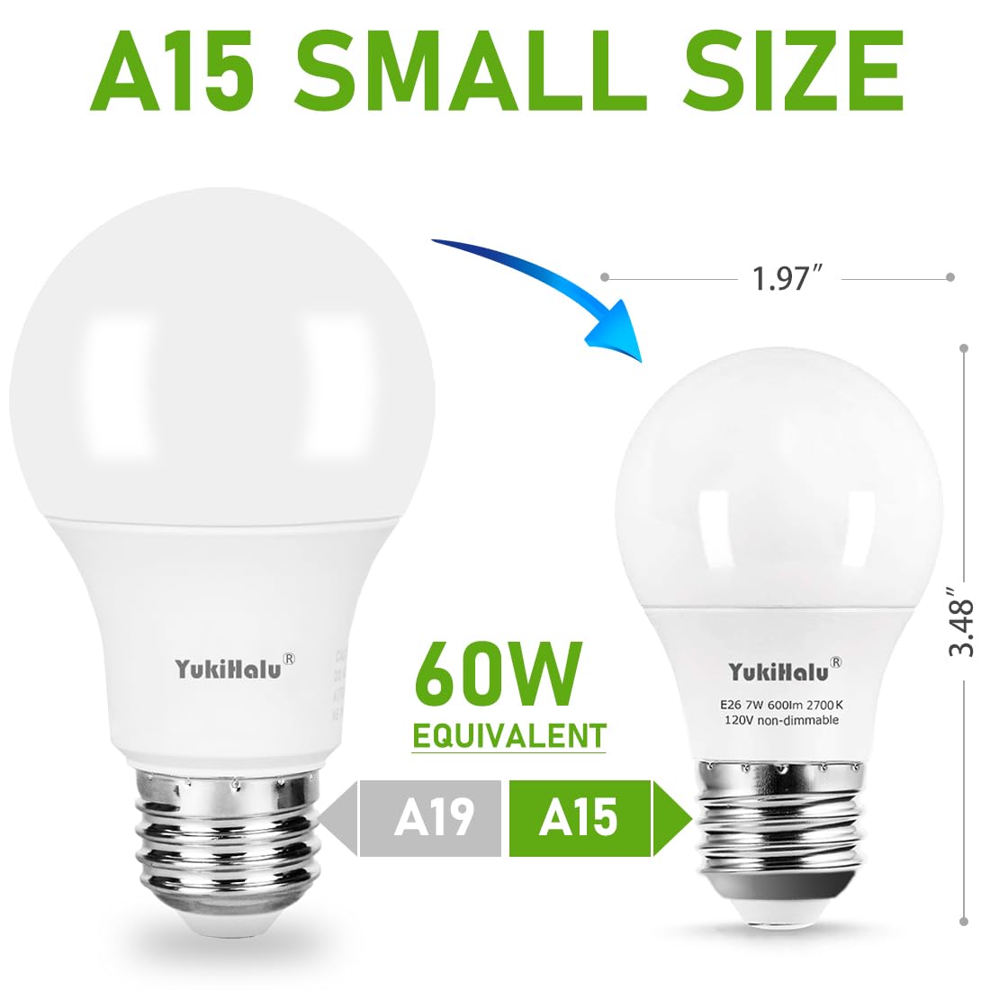 YukiHalu A15 LED Light Bulbs, 60W Equivalent, E26 Base, 2700K/3000K/5000K White, 7W 600 Lumens 120V, UL Listed, Ceiling Fan Light Bulbs, Appliance Bulb, Not Dimmable, Pack of 6 (5000K Daylight White)