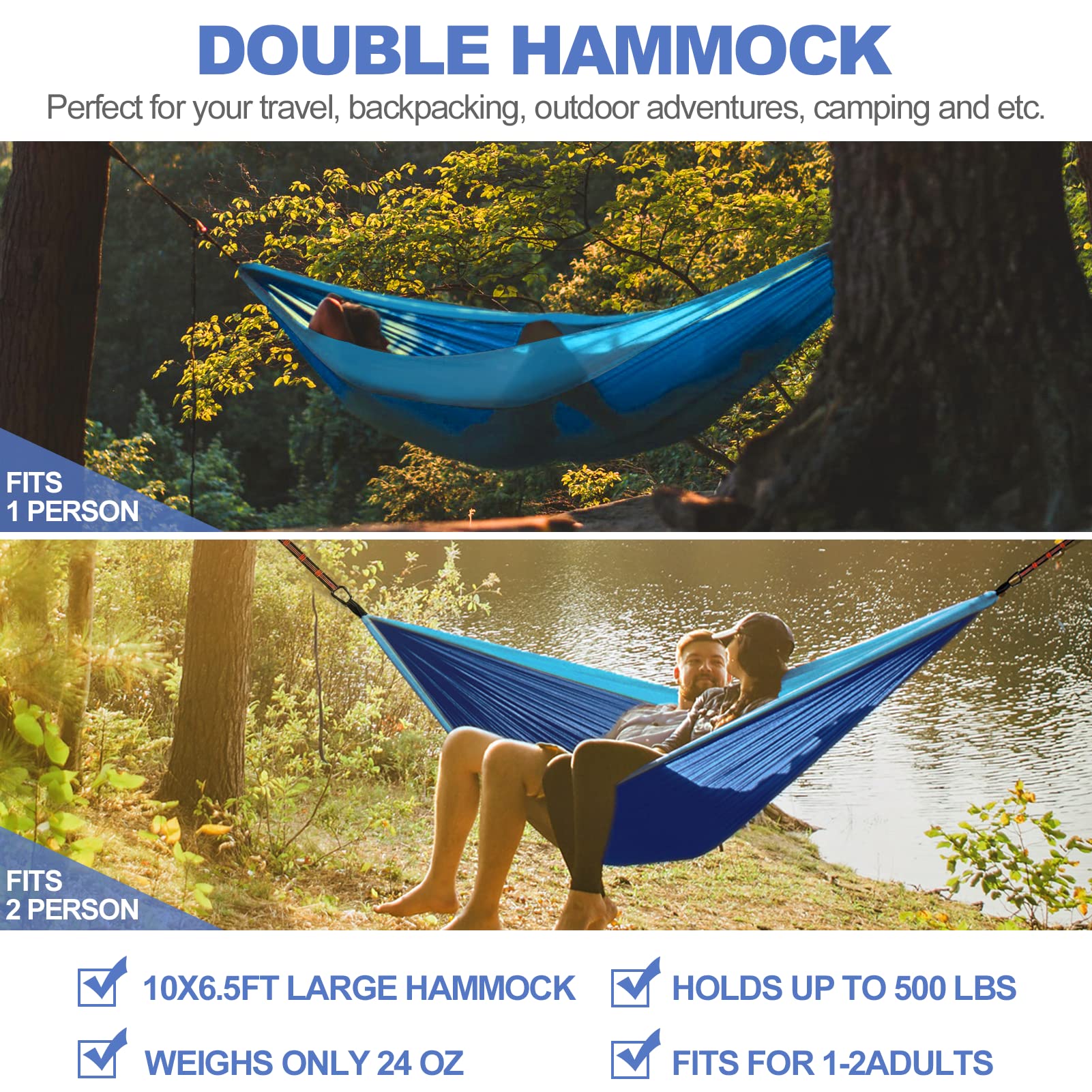UEAKPIC Hammock Camping , Double Portable Hammocks with Tree Straps , Parachute Lightweight Nylon Hammock for Outdoor Travel Backpacking (Dark Blue / Blue )
