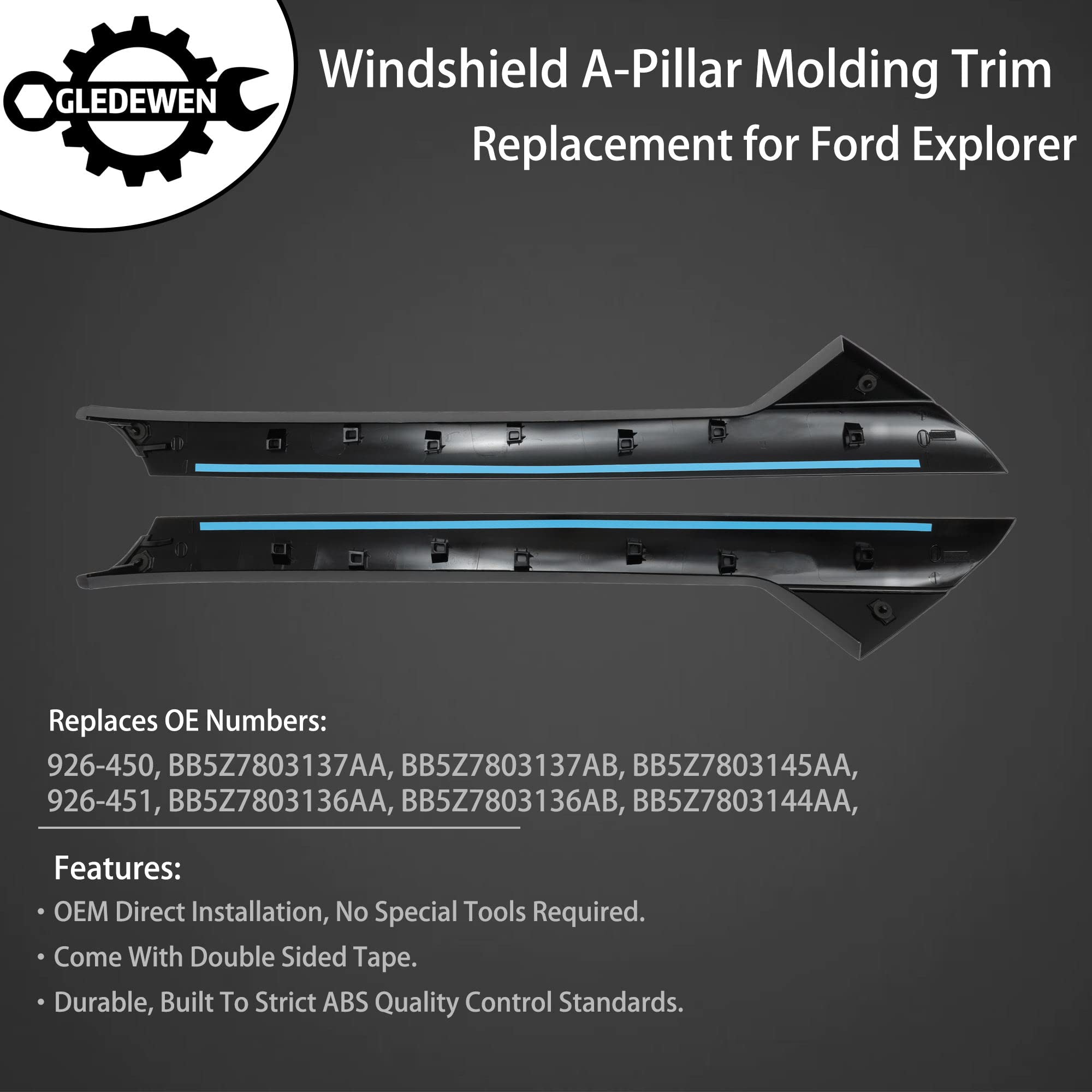 Windshield Trim Molding A-Pillar, Compatible with Ford Explorer 2011-2019, Front Outer Left Driver & Right Passenger Cover, Window Trim Moulding, BB5Z7803136AA, BB5Z7803137AA, Plastic Windshield Trim