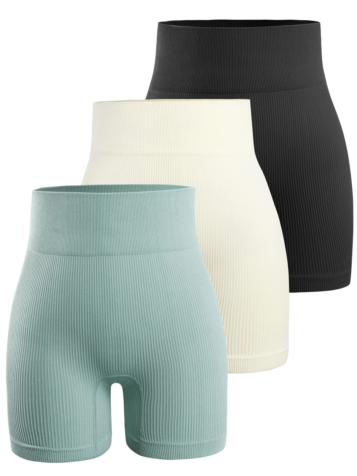 Women's 3 Piece Workout Shorts Yoga Seamless Ribbed High Waisted Spandex Booty Biker Shorts (Y8SP-B/W/Blue M)