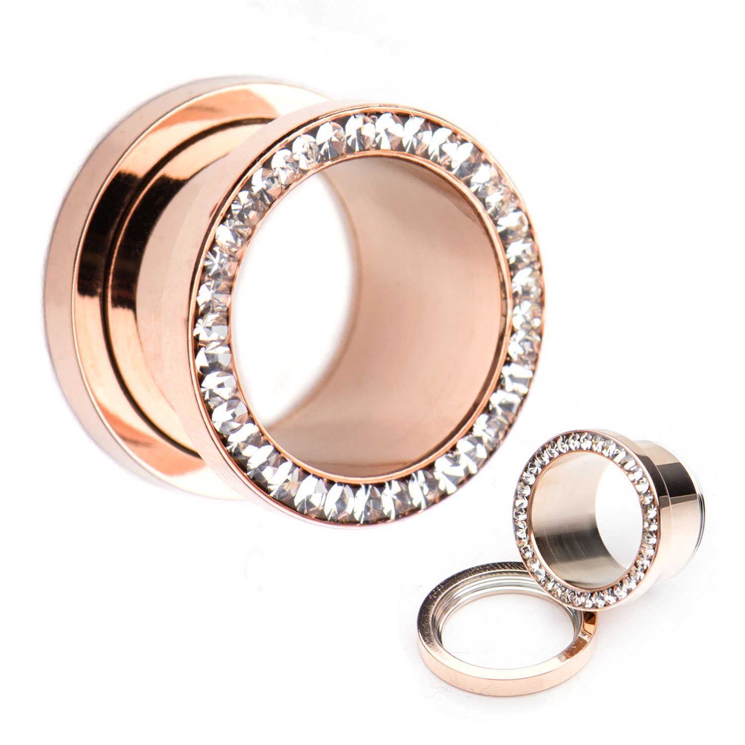 Screw Fit Rose Gold PVD Plated with Multigem Clear CZ WildKlass Plugs (6g)