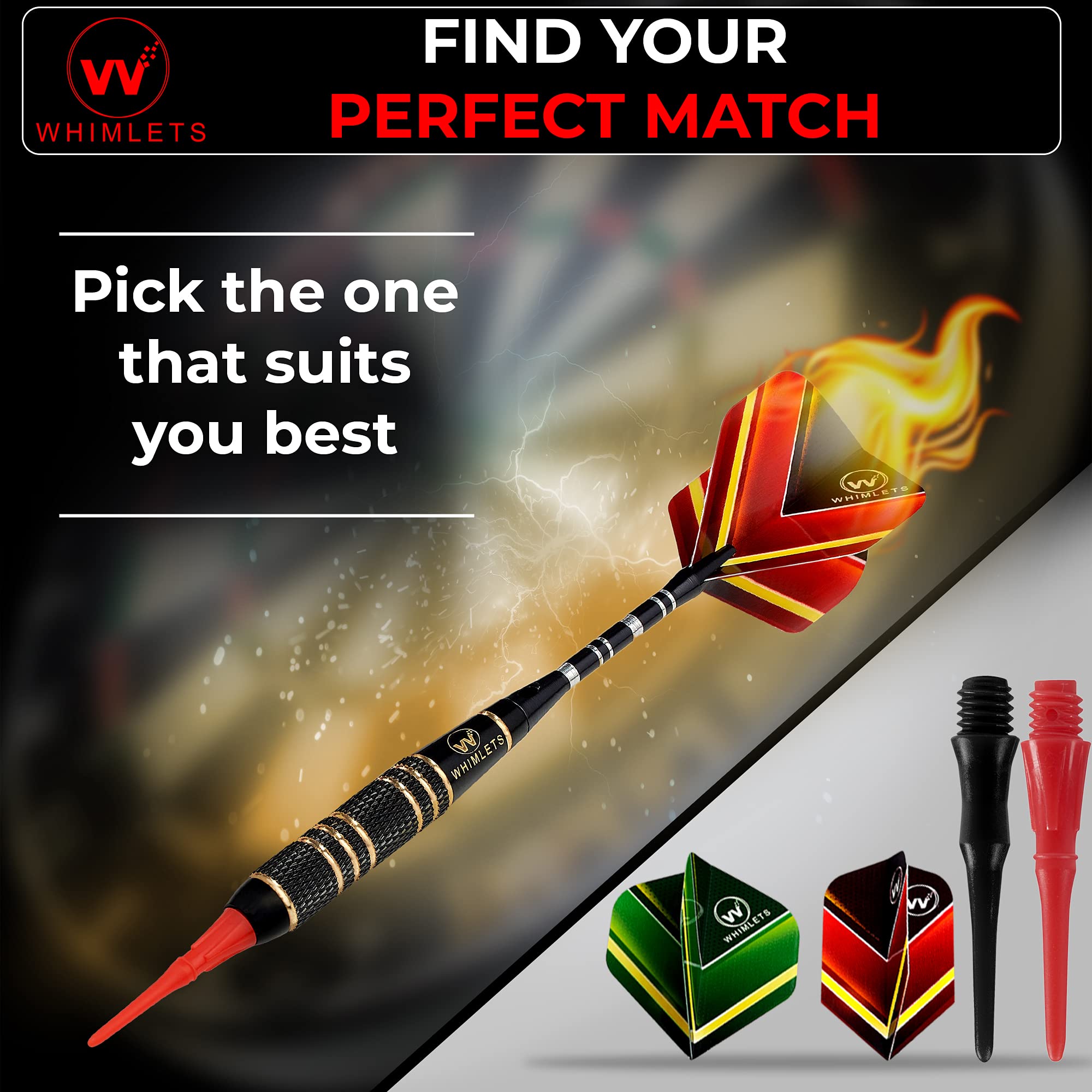 Whimlets Soft Tip Darts for Electronic Dart Board – Professional Plastic Tip Darts Set with 100 Extra Tips, Flights, Aluminum Shafts with O'Rings, Dart Tool, Stylish Case, Great Gift for Players