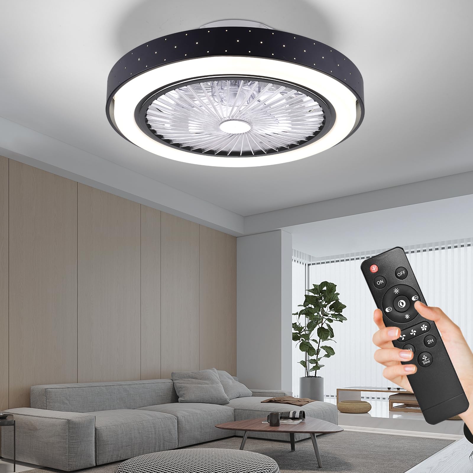 POWROL Ceiling Fans with Lights Bladeless Low Profile Remote Control Enclosed Ceiling Fan LED 3 Colors Dimming 3 Speed 19''Flush Mount Fan Light Iron Black Timer 1H/2H for Bedroom