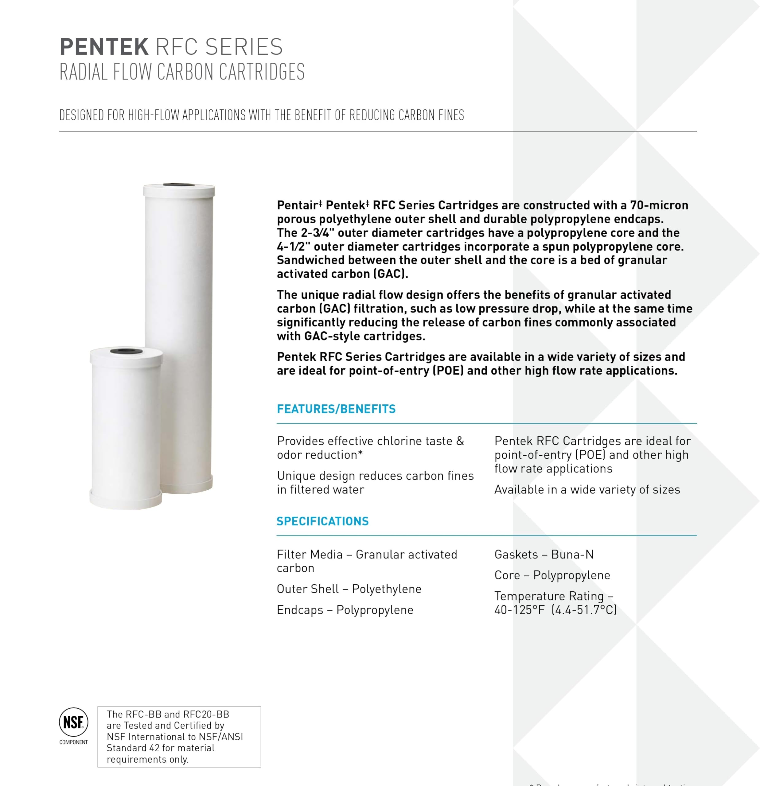 Pentair Pentek RFC-20BB Big Blue Carbon Water Filter, 20-Inch, Whole House Heavy Duty Radial Flow Carbon Replacement Cartridge with Granular Activated Carbon (GAC) Filter, 20" x 4.5", 25 Micron