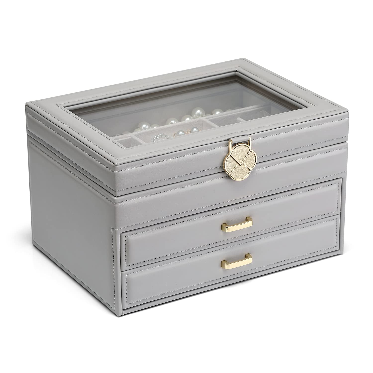 Vlando Jewelry Box Organizer, Leather Jewelry Display Case, 2 Jewelry Tray Drawer Storage for Necklaces, Earrings and Rings, Grey