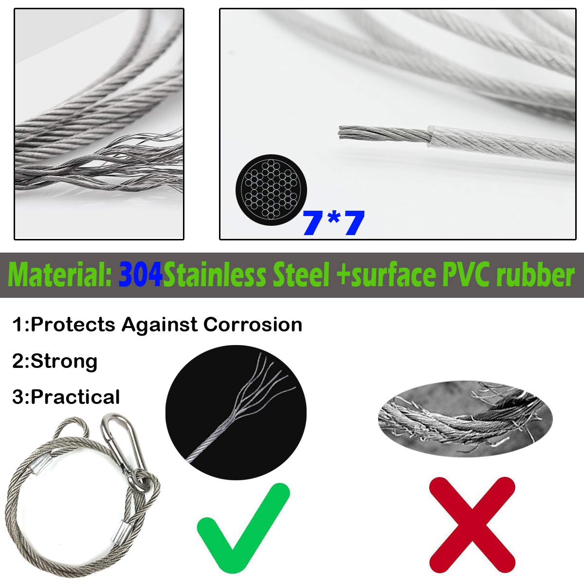 SMTUNG 31.5'' Fall Prevention Safety Cables Stainless Steel Security Rope for Party Lights DJ Light Stage Lighting 110lb Load Capacity (3pcs 0.12in 3mm)