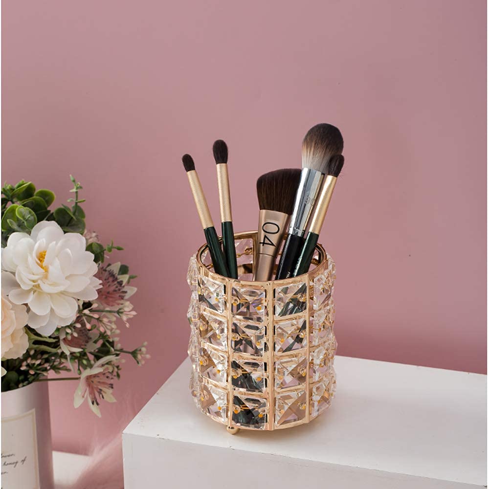 Qualsen Makeup Brush Holders Organizer, Makeup Brush Organizer Cup Crystal Makeup Brush Holder, Eyebrow Comb Brushes Pen Pencil Cup (Rose Gold)