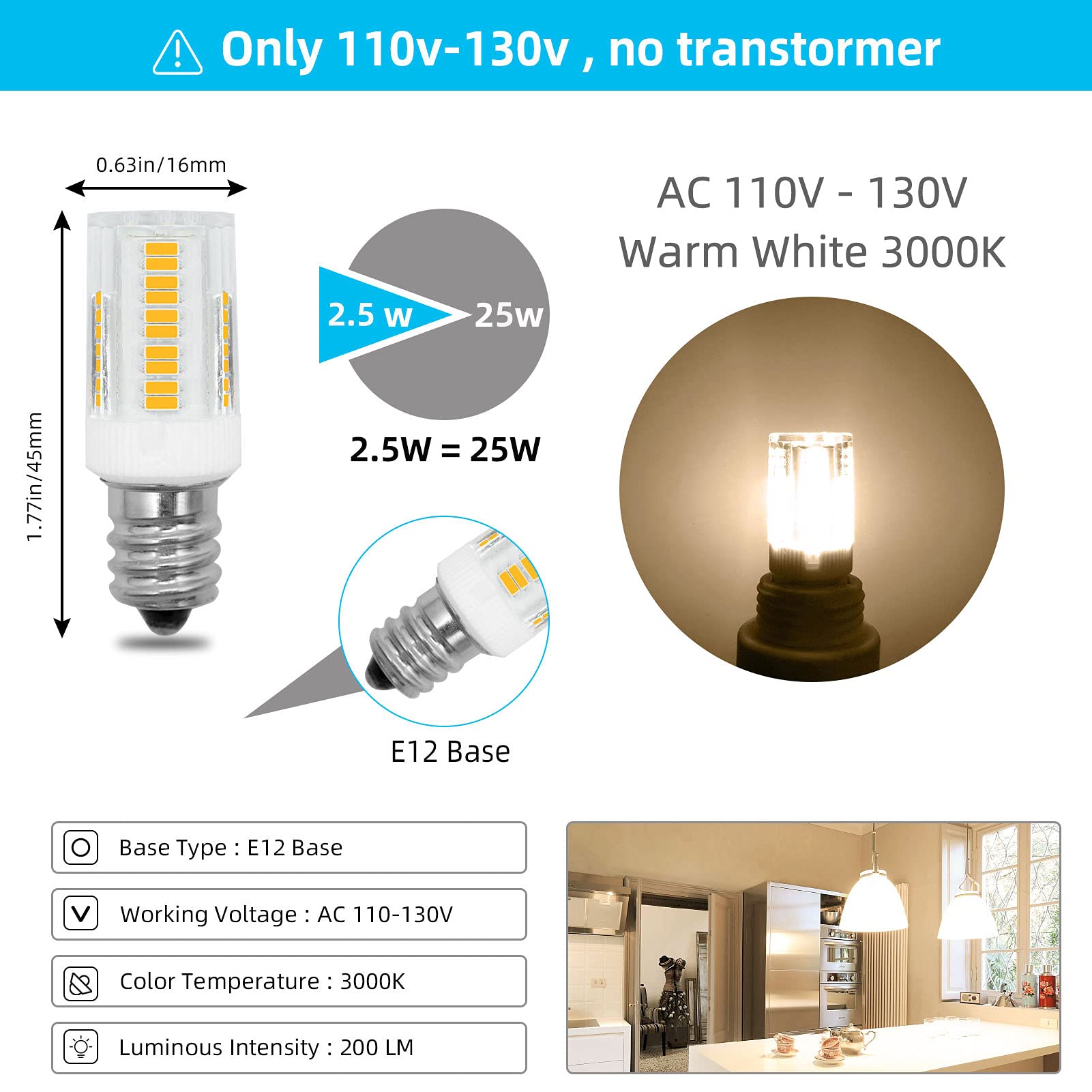 TZHILAN E12 LED Light Bulb Dimmable 2.5 Watt Warm White 3000K 25W Equivalent 200Lumen T5 Edison Candelabra Base AC110V-130V for Home Lighting Chandelier Ceiling Fan Pack of 5