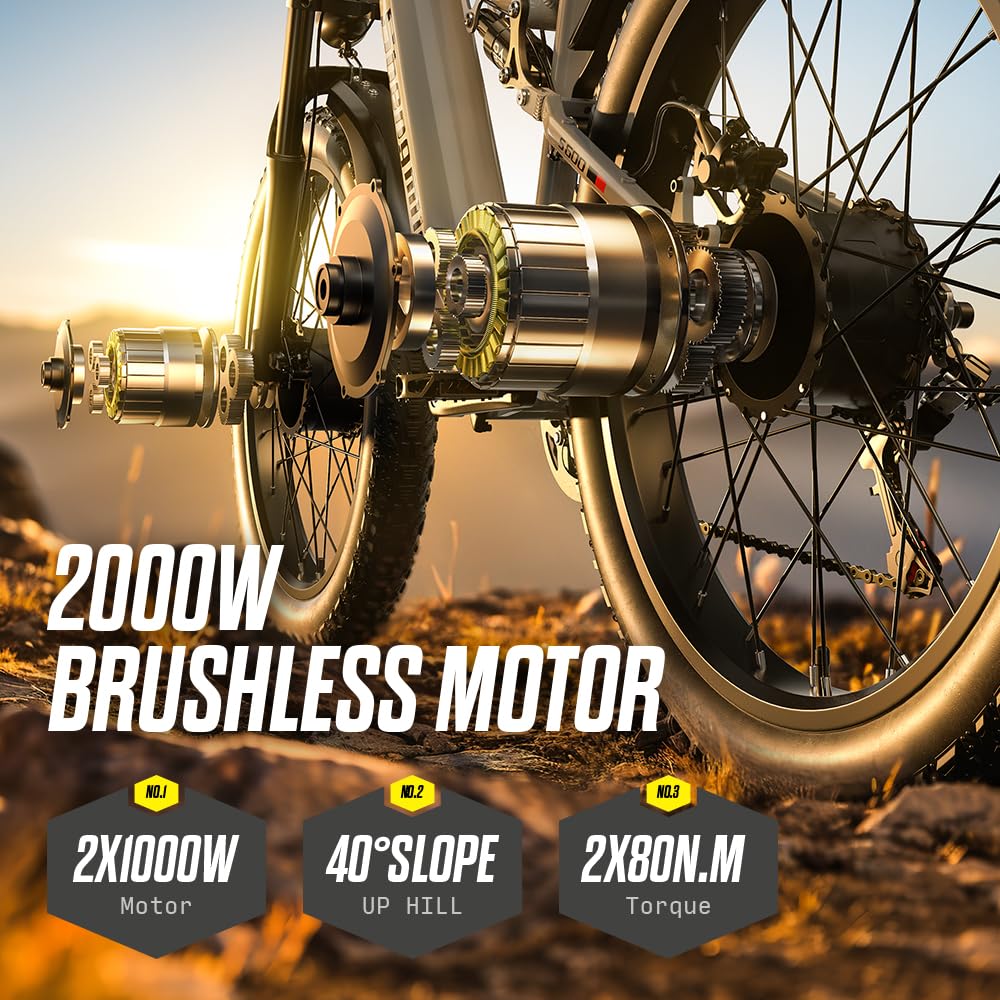 Shengmilo-S600 26” Electric Bike for Adults, 2000W Dual Motors Ebike, 31MPH, 48V 17.5AH Samsung Battery, E-Mountain Bicycle, Full Suspension Double Shoulder Fork & DNM Rear Shock, LCD Color Display