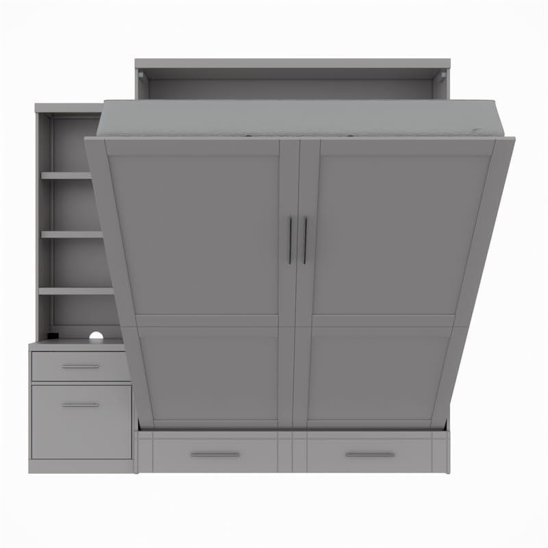 RoomAndLoft Brentwood Queen Contemporary Solid Wood Murphy Wall Bed and Shelf Storage with Drawers in Gray
