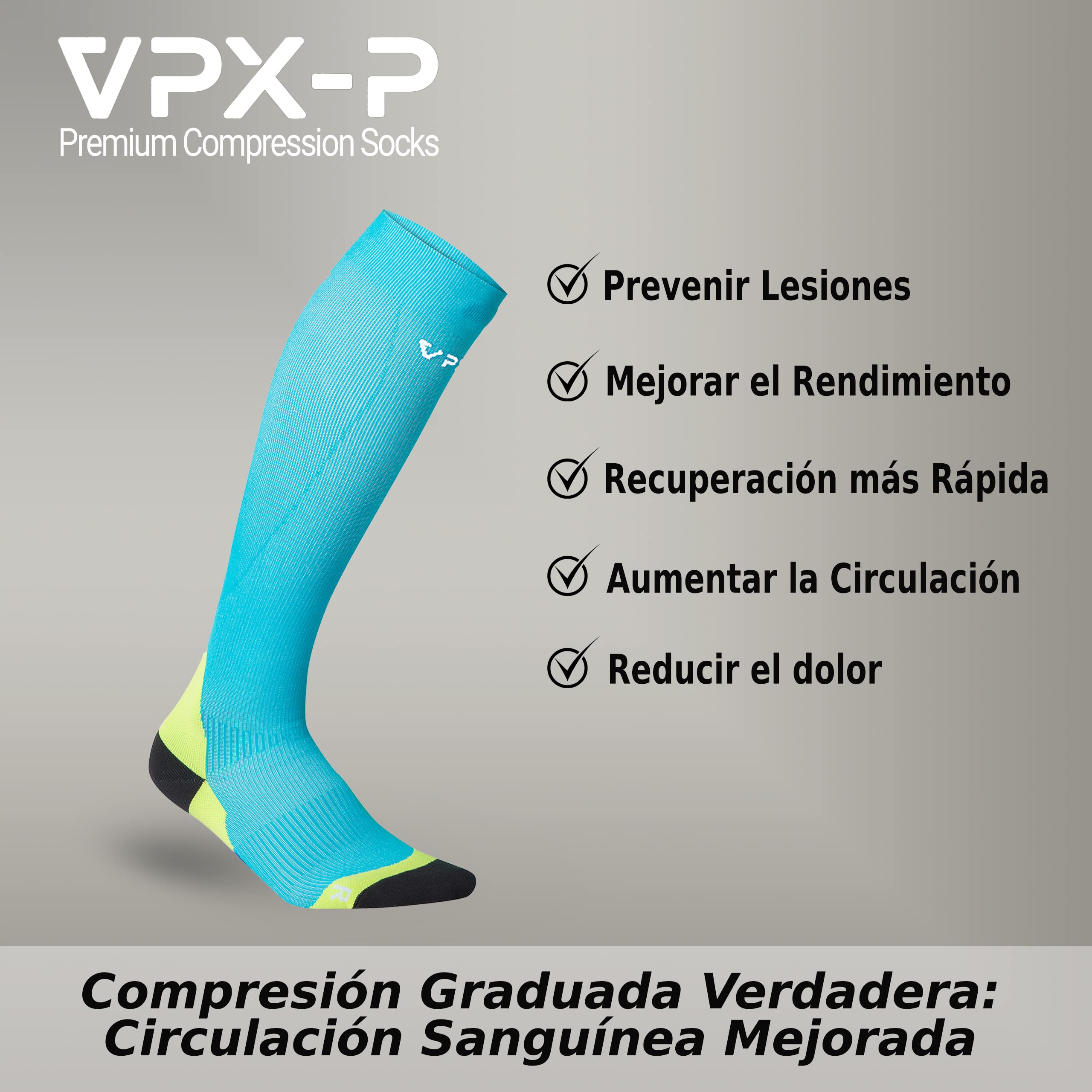 VPX-P Premium Compression Socks for Women and Men 20-30 mmHg β High Knee Compression Socks -For Flights, Running, Athletic, Nursing, Travel- Medias de Compression (Carolina Blue, Large-4)