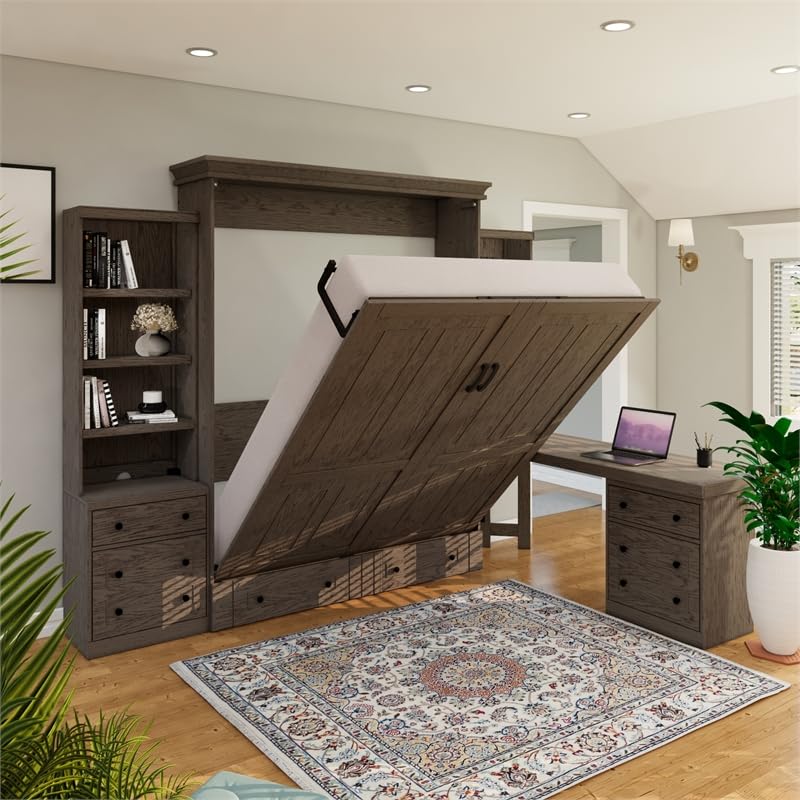 RoomAndLoft Windsor Queen Solid Wood Murphy Wall Bed and Two Shelf Storage Units with Single Side Desk and Drawers in Gray