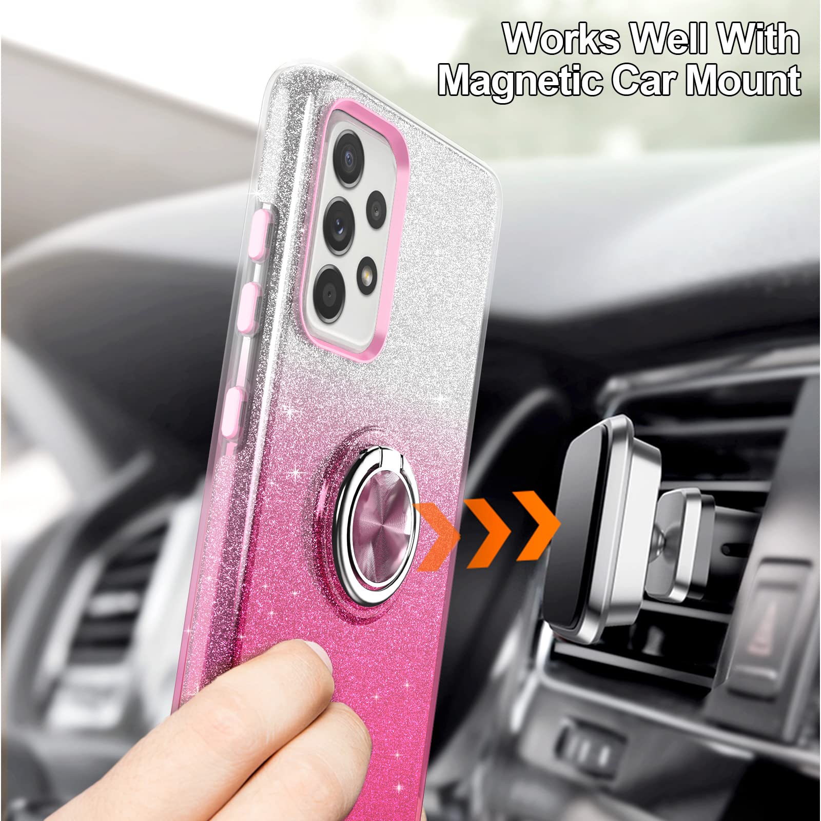 PeeTep Galaxy A52 5G Case for Girls Women, Slim Fit Glitter Sparkly Case with 360°Ring Holder Kickstand Magnetic Car Mount Shock-Absorbent Protective Sturdy Cover,Pink