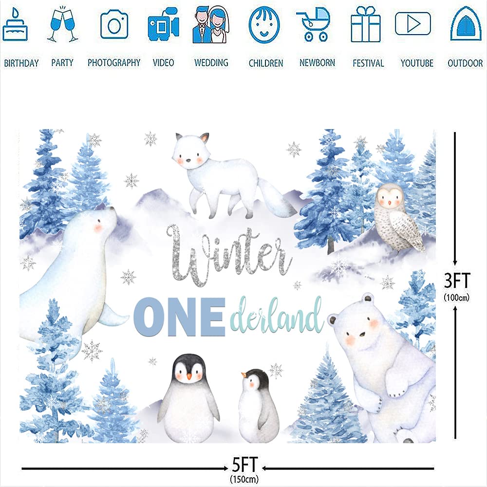 Ticuenicoa Winter Onederland Backdrop for Boys First Birthday Sliver Snowflake Blue Arctic Animals Wonderland 1st Birthday Party Decorations Photography Background for Photoshoot 5x3ft