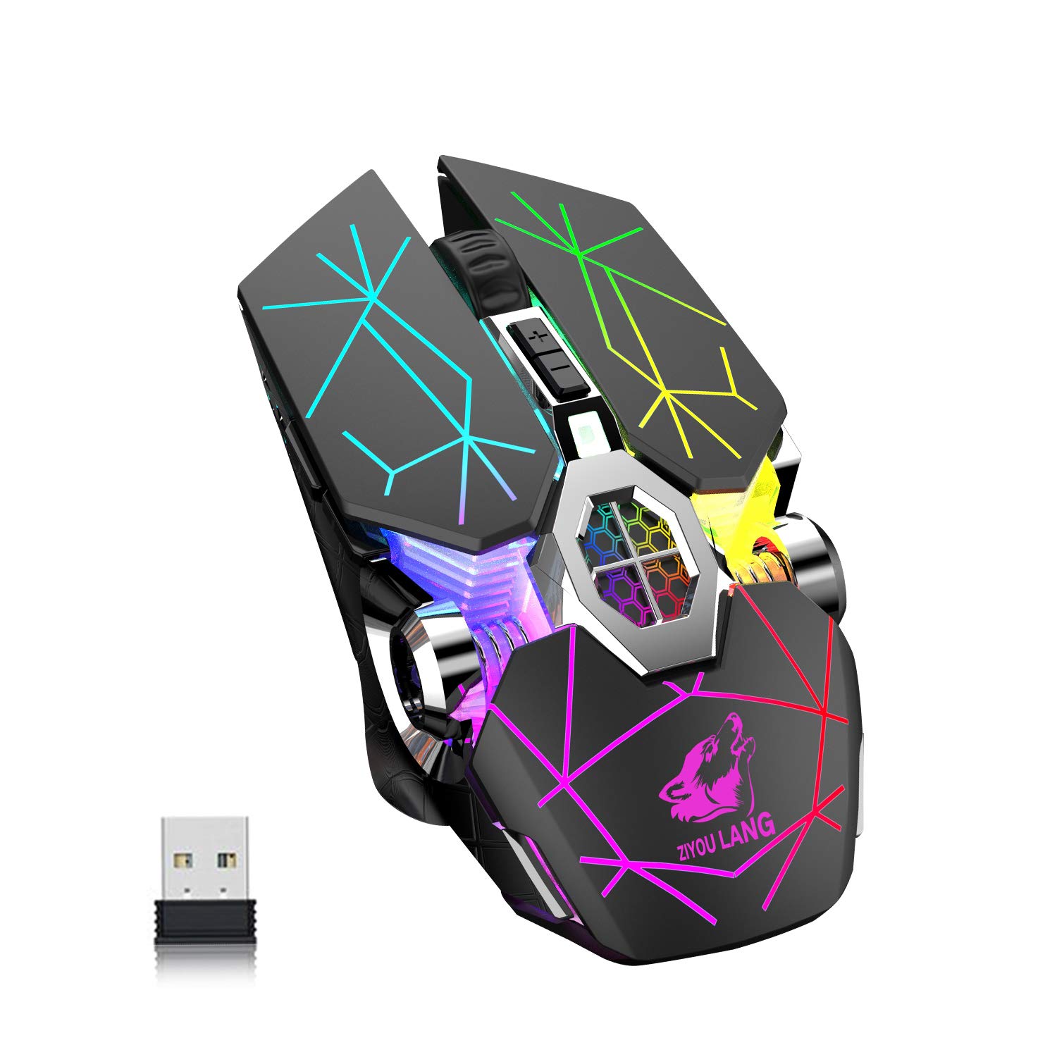 Wireless Bluetooth Gaming Mouse Rechargeable with 7 Button Rainbow RGB Multi Color Breathing Backlit 3 Adjustable DPI Ergonomic Grip Slient Click Power Saving Mode for PC Mac Gamer Officer(StarBlack)