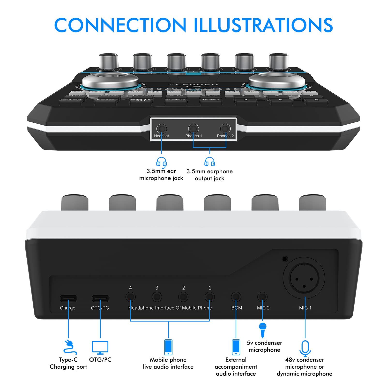 USB Digital Audio Interface with DJ Mixer and Live Sound Card, Karaoke, Auto Tune, XLR, Phantom Power, Protable Podcast Studio Equipment for Guitar, Live Streaming, PC, Recording and Gaming (L5)