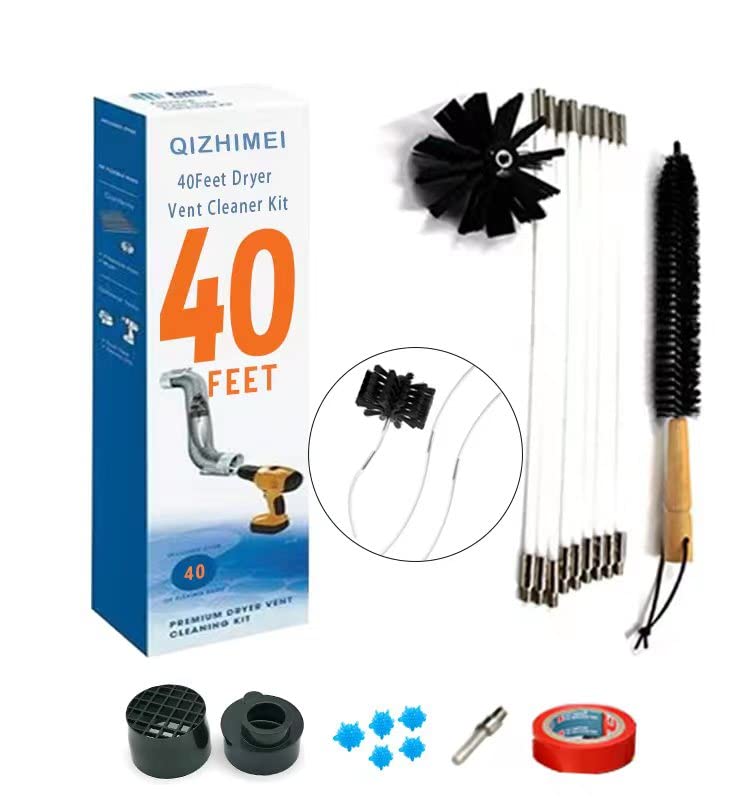 QIZHIMEI 40Feet Dryer Vent Cleaner Kit Dryer Cleaning Tool Include 40 Feet Dryer Vent Brush, Dryer Attachment, Electrical Tape&Dryer Lint Trap Brush Fireplace Chimney Brushes Lint Remover