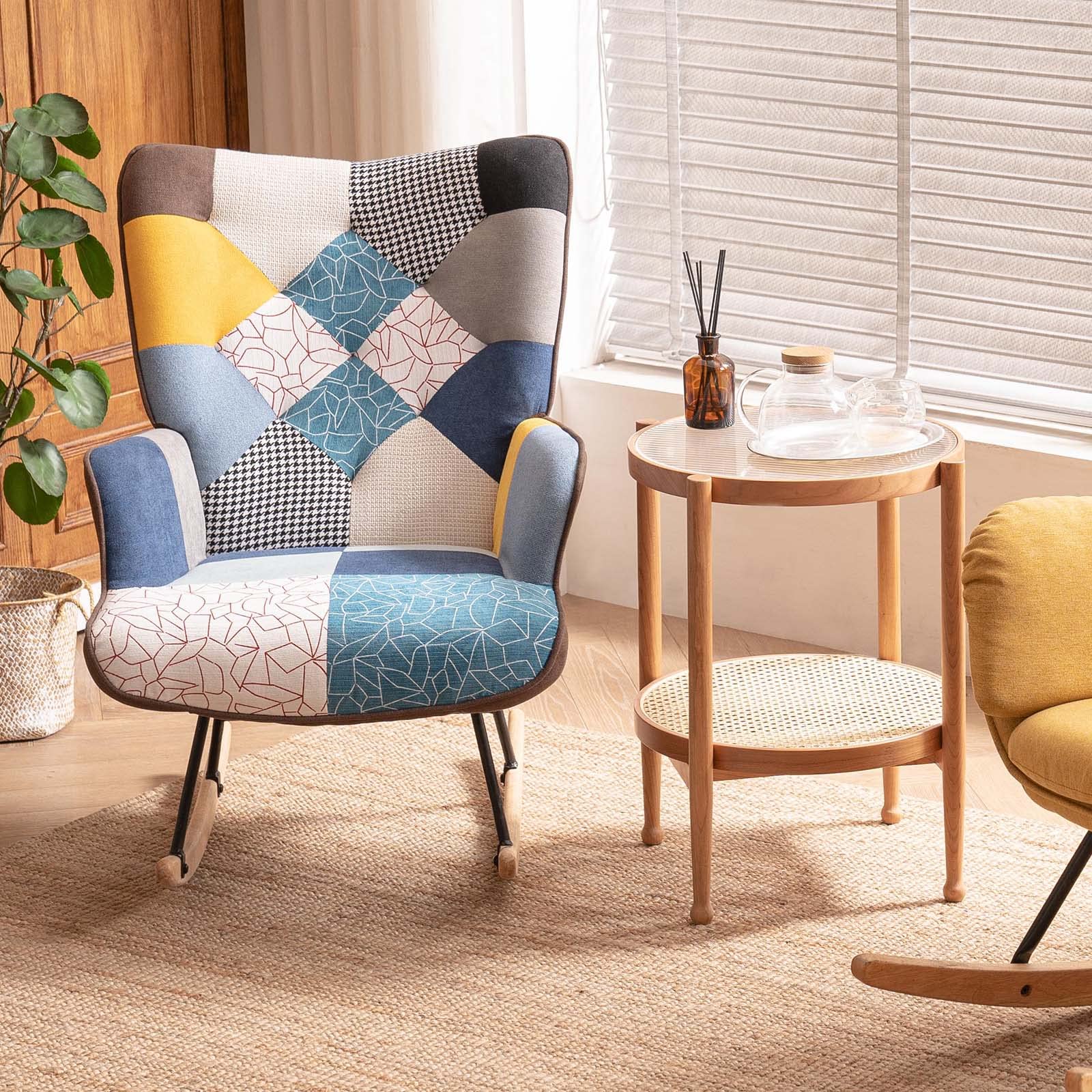 RichFire Rocking Chair, Tufted Upholstered Rocking Chair for Nursery, Comfy Wingback Glider Rocker with Safe Solid Wood Base for Living Room Bedroom Balcony (Patchwork A)