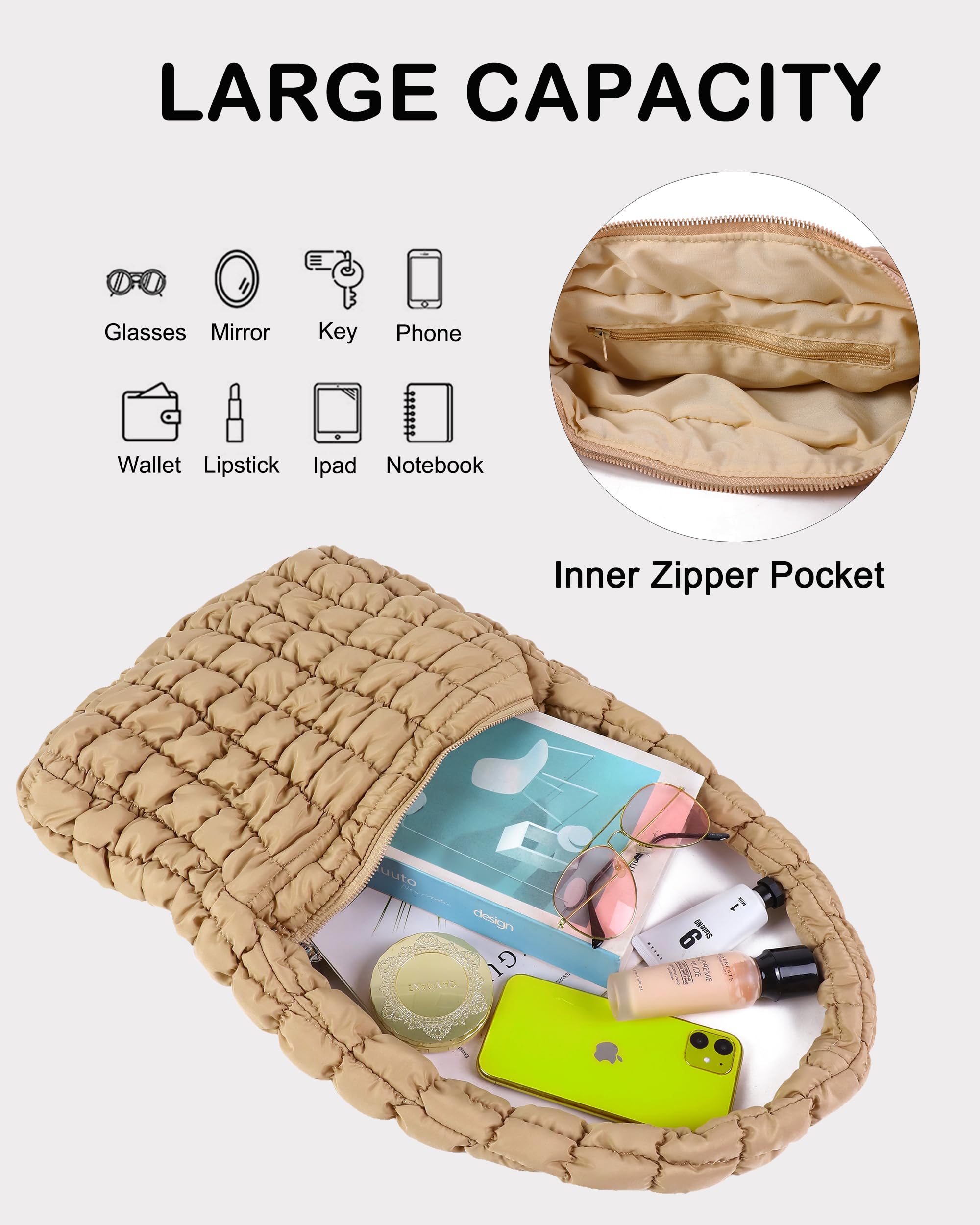 Rejolly Puffer Quilted Shoulder Bag for Women Puffy Bubble Tote Bag Lightweight Nylon Handbag Padded Soft Purse Khaki
