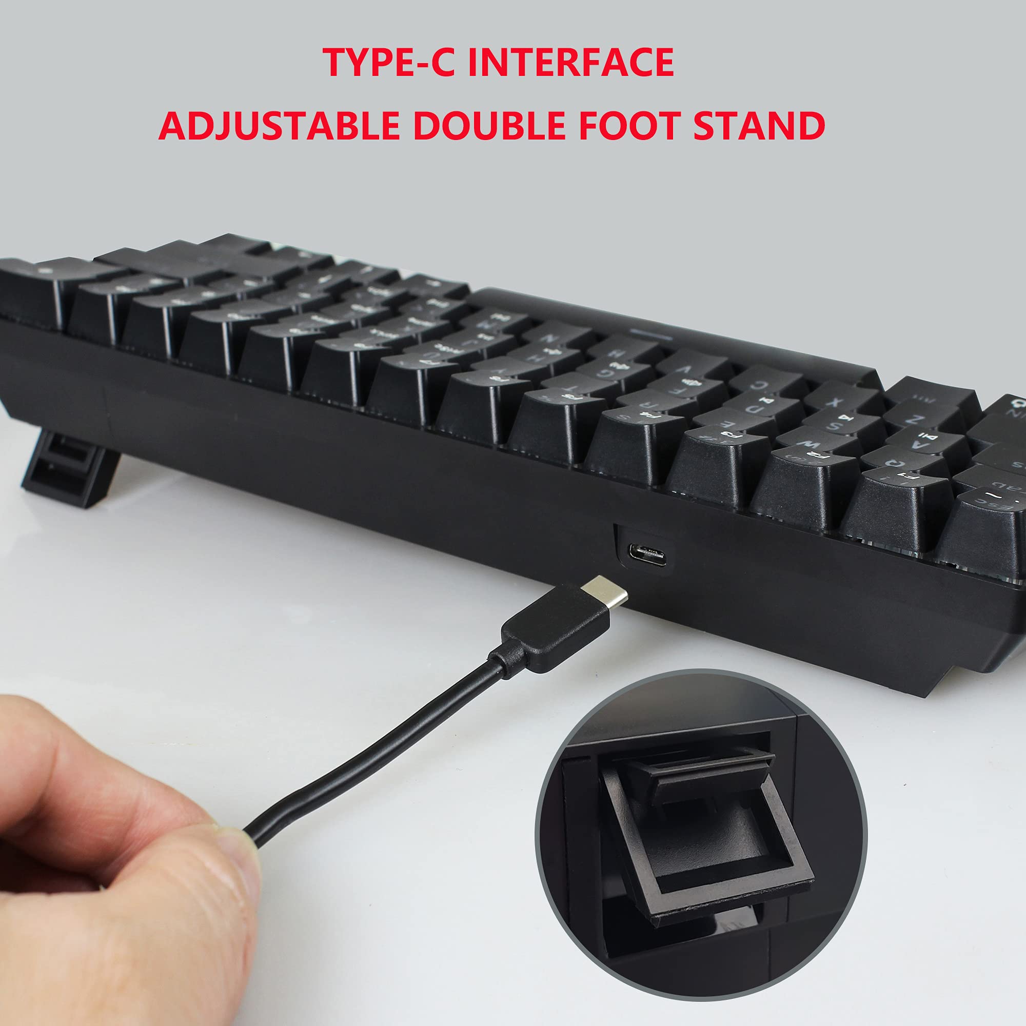 Wired 60% Mechanical Gaming Keyboard Mini Portable with Rainbow Backlit Full Anti-Ghosting 61 Key Ergonomic Double Foot Stand Type-C USB Waterproof for Typist Laptop PC Mac Gamer (Blue Switch),Black