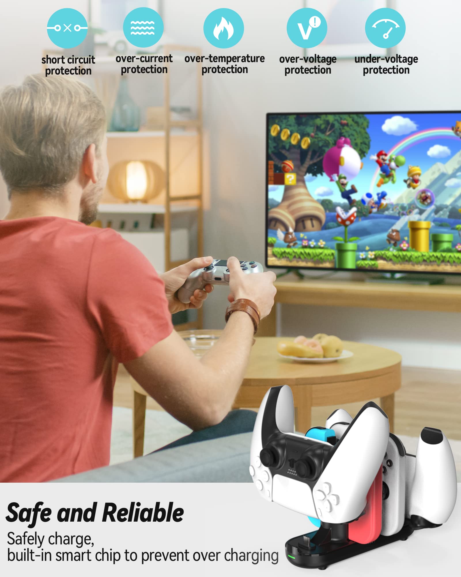 Willkac Switch Charging Dock Controller Charger, 6 in 1 Charging Station Support 4 Joy Cons and 2 NS Pro/PS5/Xbox One/Xbox Series Controllers, with Type C Charging Cable to Get Fast Charging