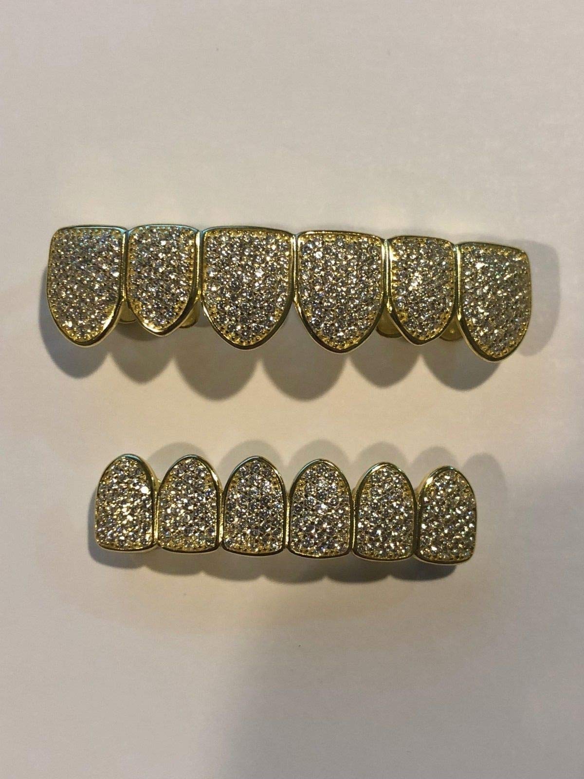 Solid 925 Sterling Silver Real Grillz - 14k Yellow Gold Plated - Iced CZ - Custom Top & Bottom Grills For Teeth - Real Solid Silver NOT BRASS