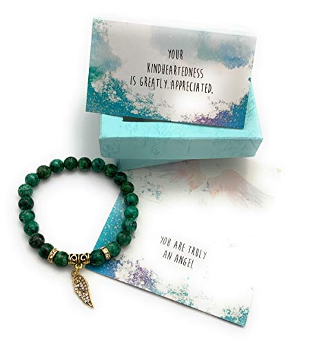 Smiling Wisdom - Angel Wing Appreciation Kindhearted Thank You Keepsake Greeting Card and Stretch Stone Bracelet - Green Rain Flower Stones - 7.5 inches Medium