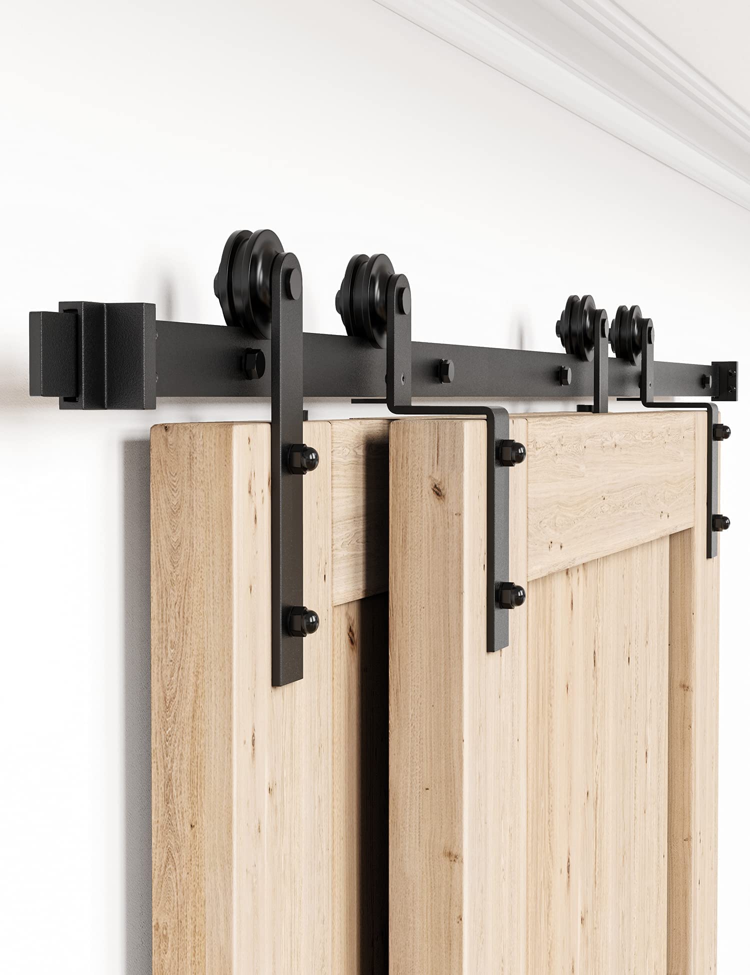 WINSOON 10FT Single Track Bypass Sliding Barn Door Hardware Kit for Double Doors with 2PCS 12 Inch Sliding Barn Door Handles Black Hardware