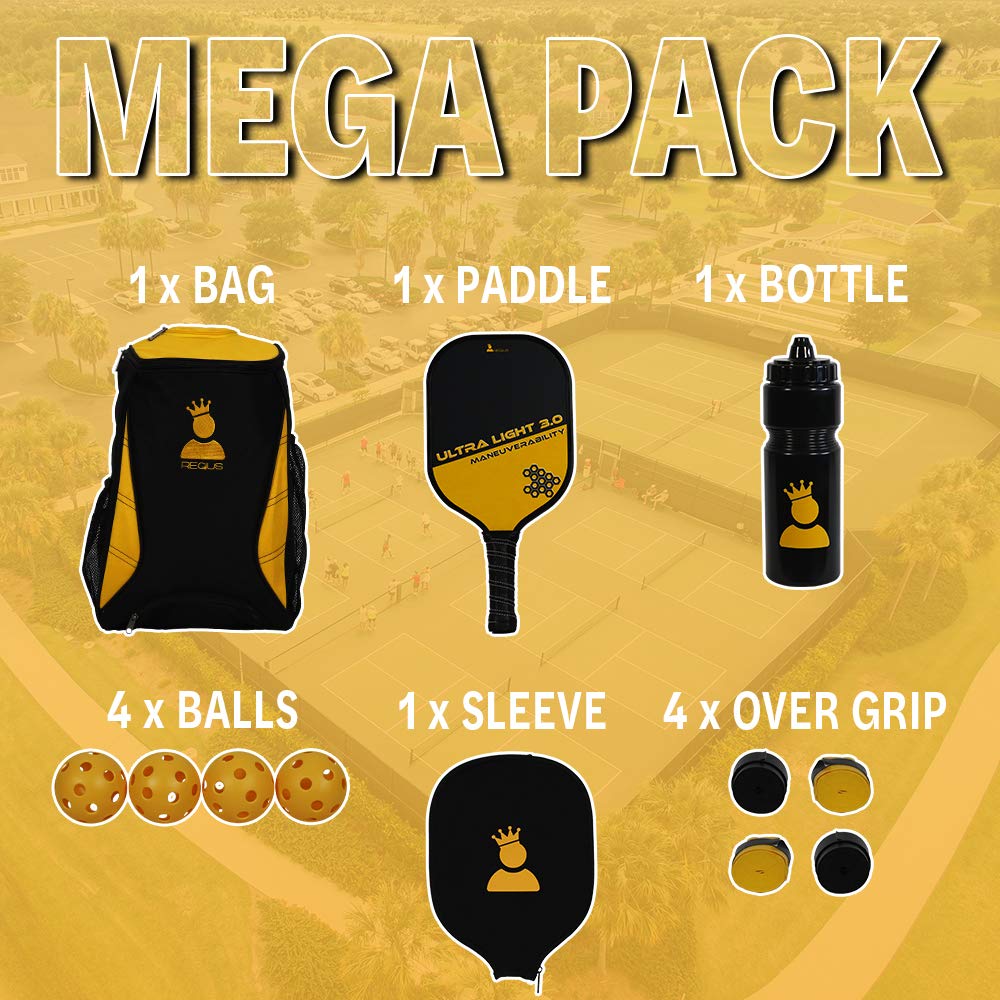 Regius Pickleball Set | Bundle Includes Lightweight Honeycomb Core Pickleball Paddle, Portable Pickleball Bag, 4 pickleballs, Paddle Sleeve, Grip Tape +1 Free Sports Bottle