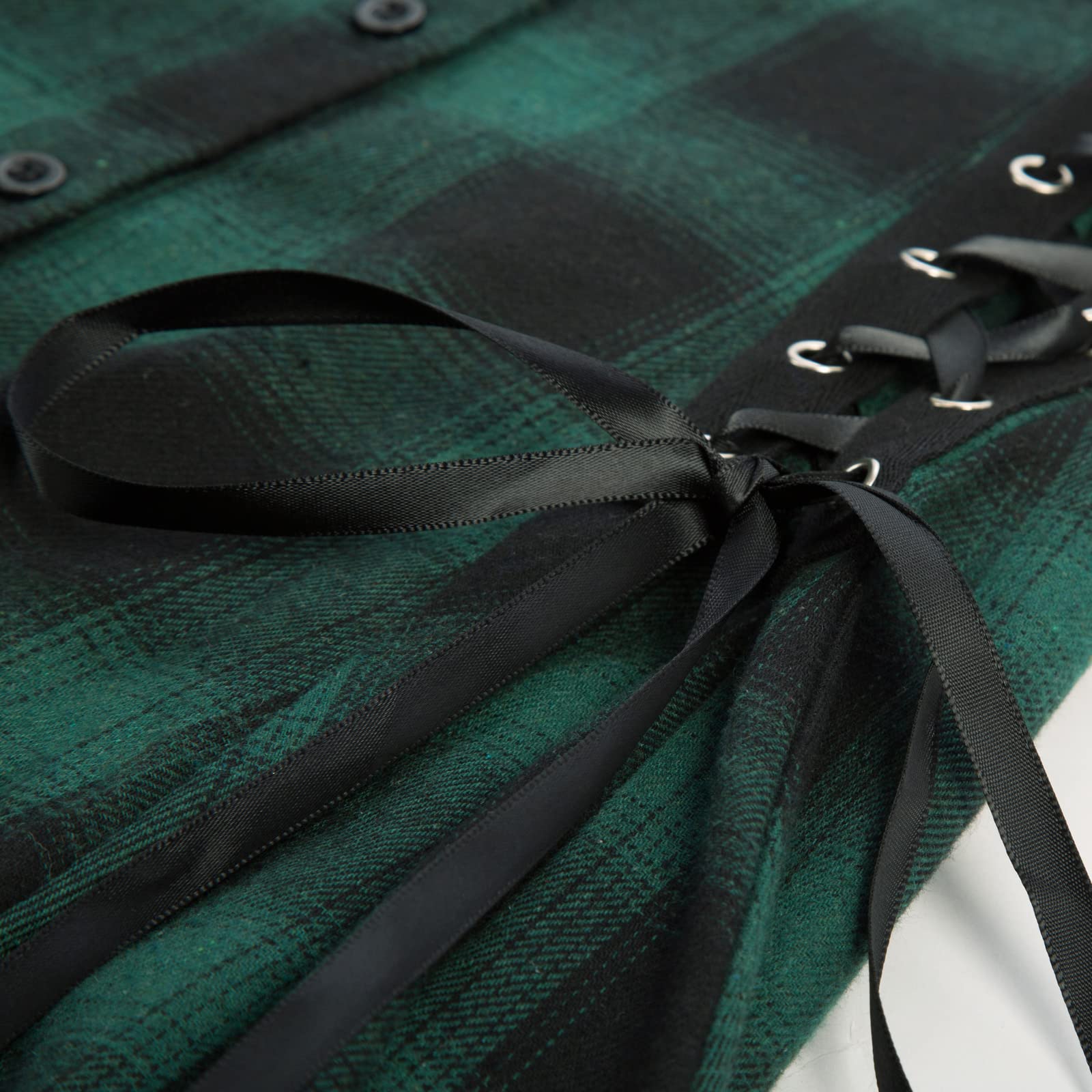 Women's Goth Punk Plaid Dress Handkerchief Hem Lapel Collar Dress Dark Green 2XL