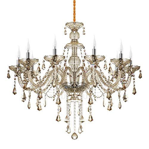 Ridgeyard 10-Light Crystal Chandelier Cognac/Champagne Modern Chandelier K9 Crystal Candle Pendant Ceiling Lighting Fixture, Chandeliers for Dining Room Home Decor