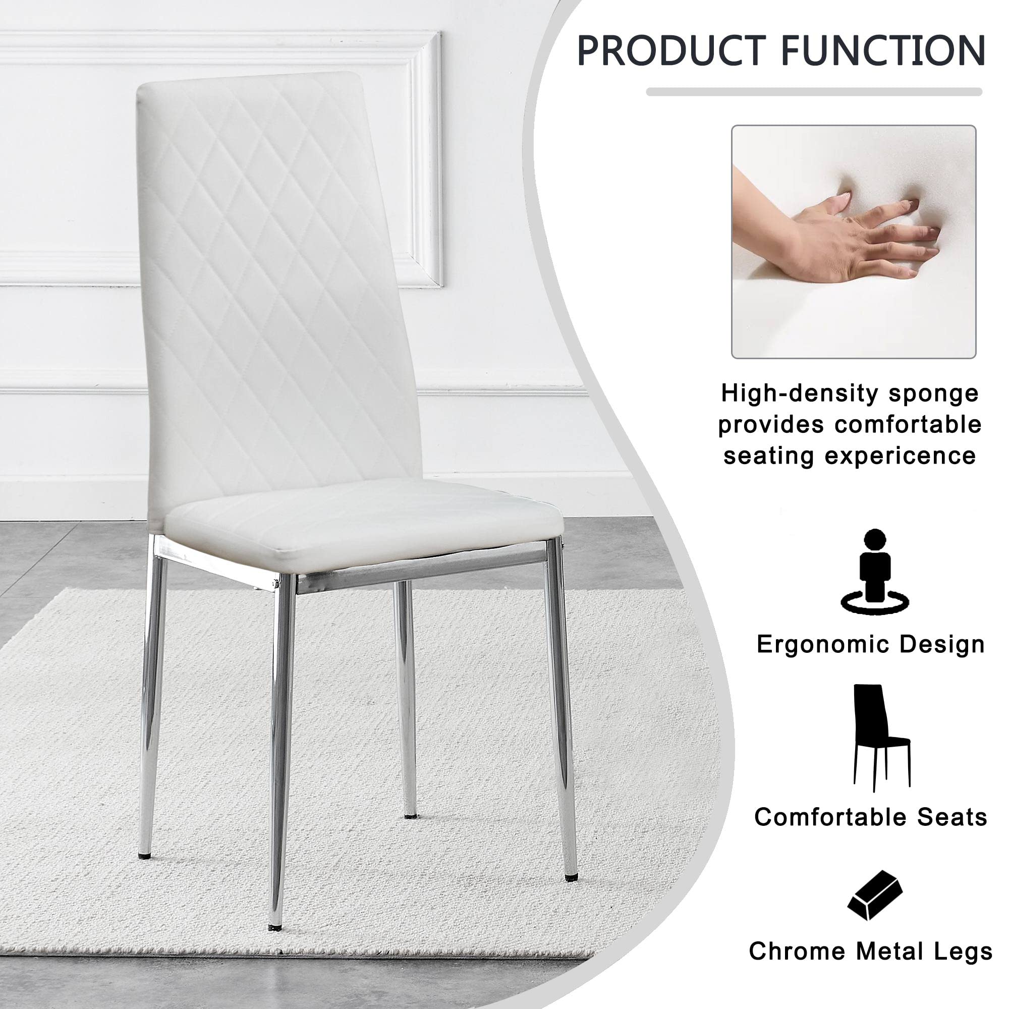 Rophefx Dining Chairs Set of 6, Modern Dining Room Chairs Upholstered Kitchen Chairs PU Leather Metal Legs High Back Side Chairs for Living Room, Kitchen, White