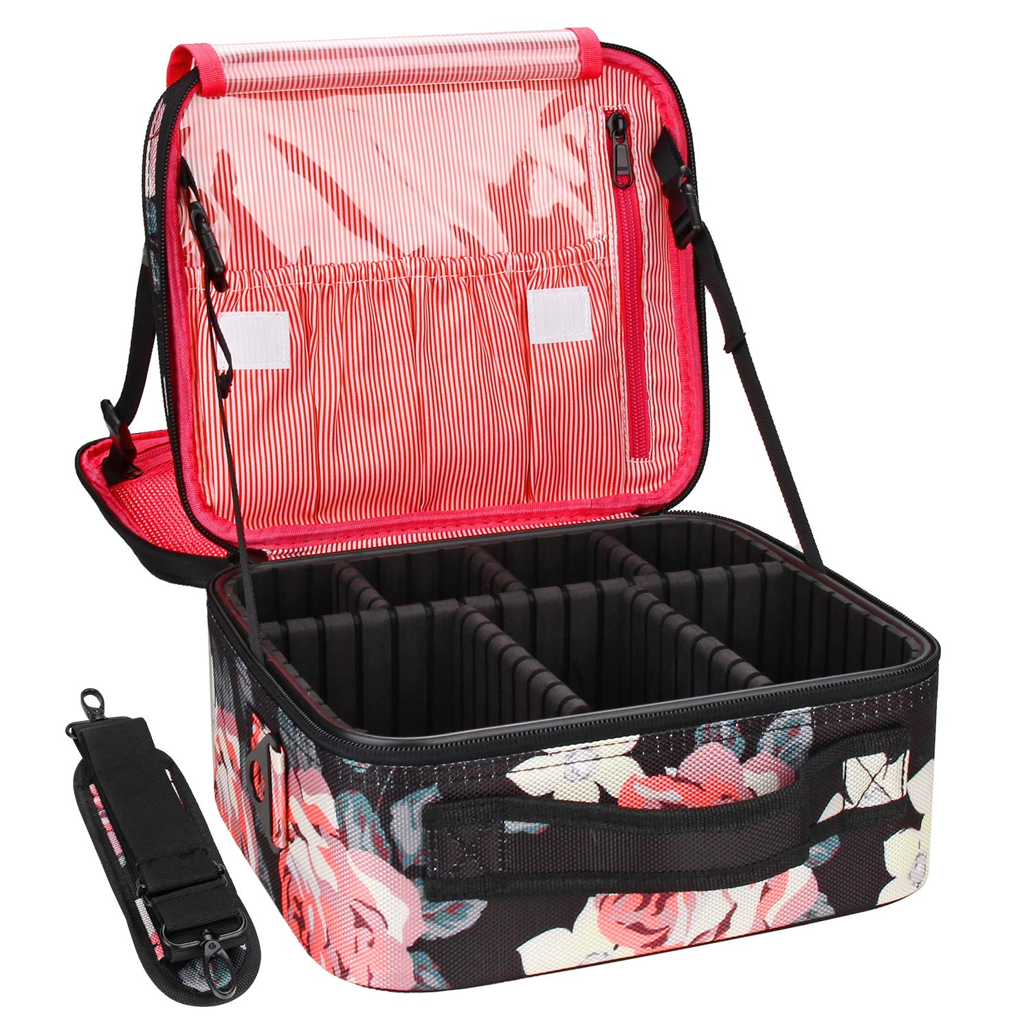 Relavel Travel Makeup Bag 2 Layer Heighten Makeup Train Case Cosmetic Storage and Organizer Box Portable Makeup Carrying Case with Shoulder Strap and Adjustable Dividers (Peony Pattern)