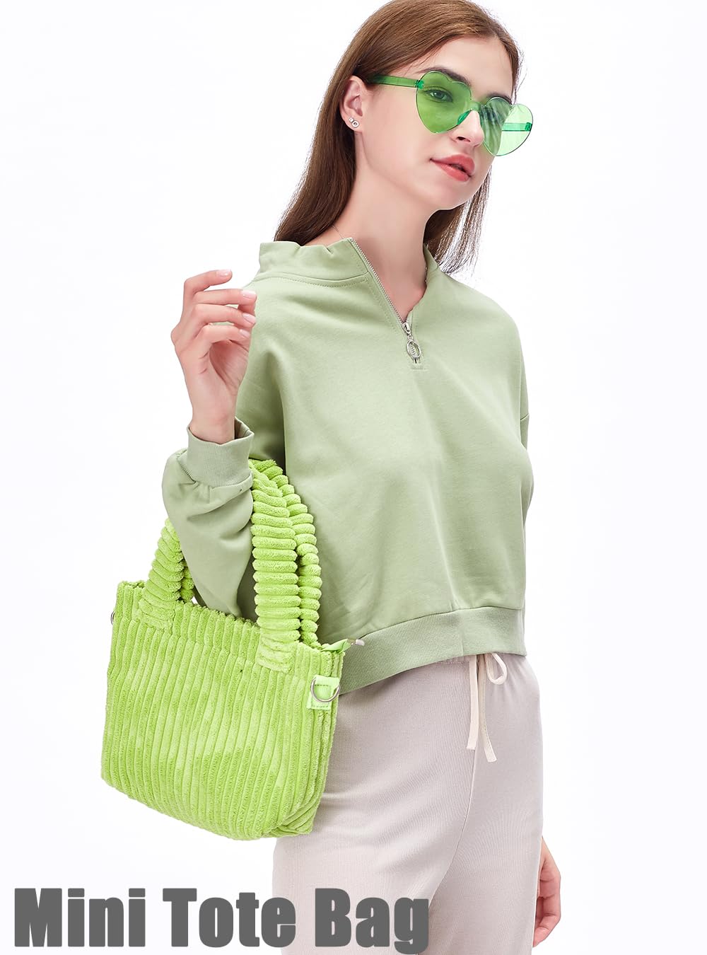 YIKOEE Mini Corduroy Tote Bag for Women Cute Small Tote Bags(Lime Green)