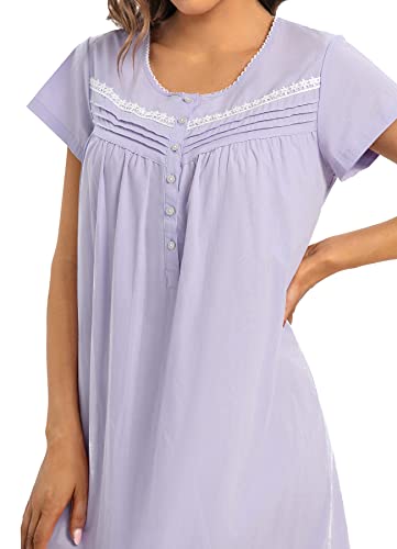 QRRLUEN Women's Nightgown Short Sleeve Cotton Mid Length Sleepwear Soft Comfy Button Loungewear Night Dress lilac colour