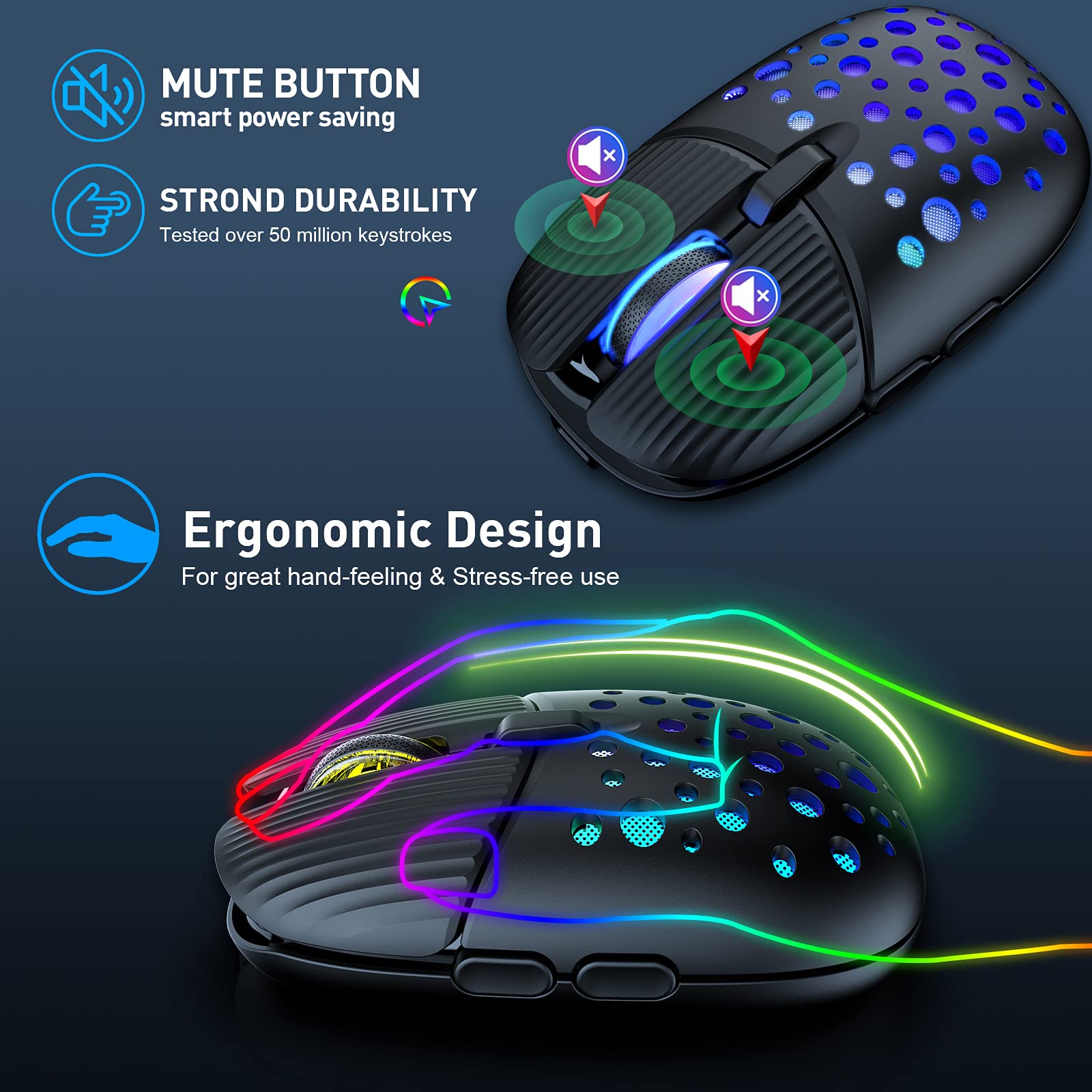 Wireless Gaming Mouse, 2.4G Portable Computer Mouse with Honeycomb Shell, Adjustable DPI, Silent Click, 7 Changeable LED Color Ergonomic Optical Gamer Mice for Laptop PC Gamer Computer Desktop(Black)