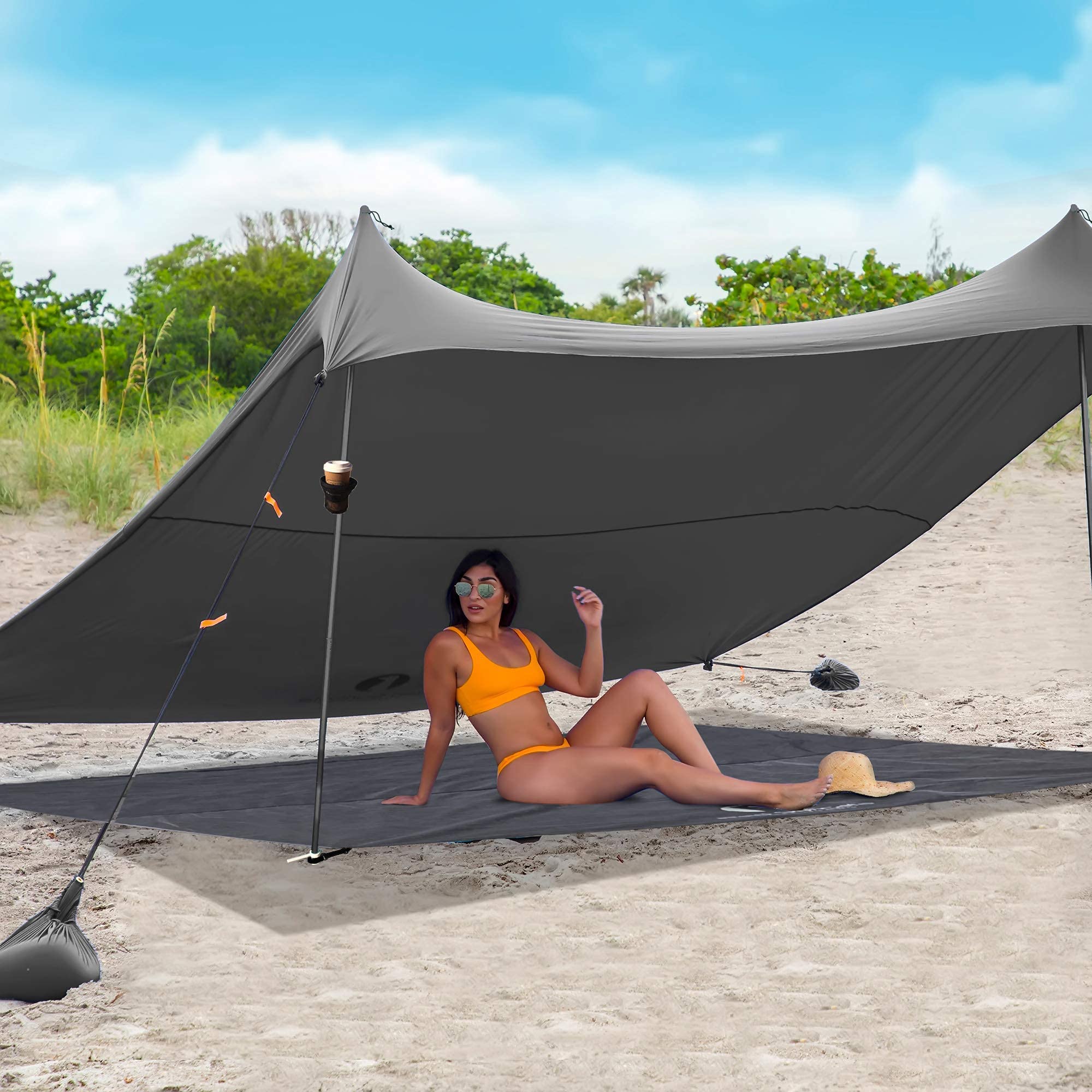 Red Suricata Family Beach Tent & Beach Canopy, Matching Sand Free Beach Mat Blanket & 2 Beverage Holders Bundle - UPF50 UV Sun Shade Shelter (Medium, Grey)