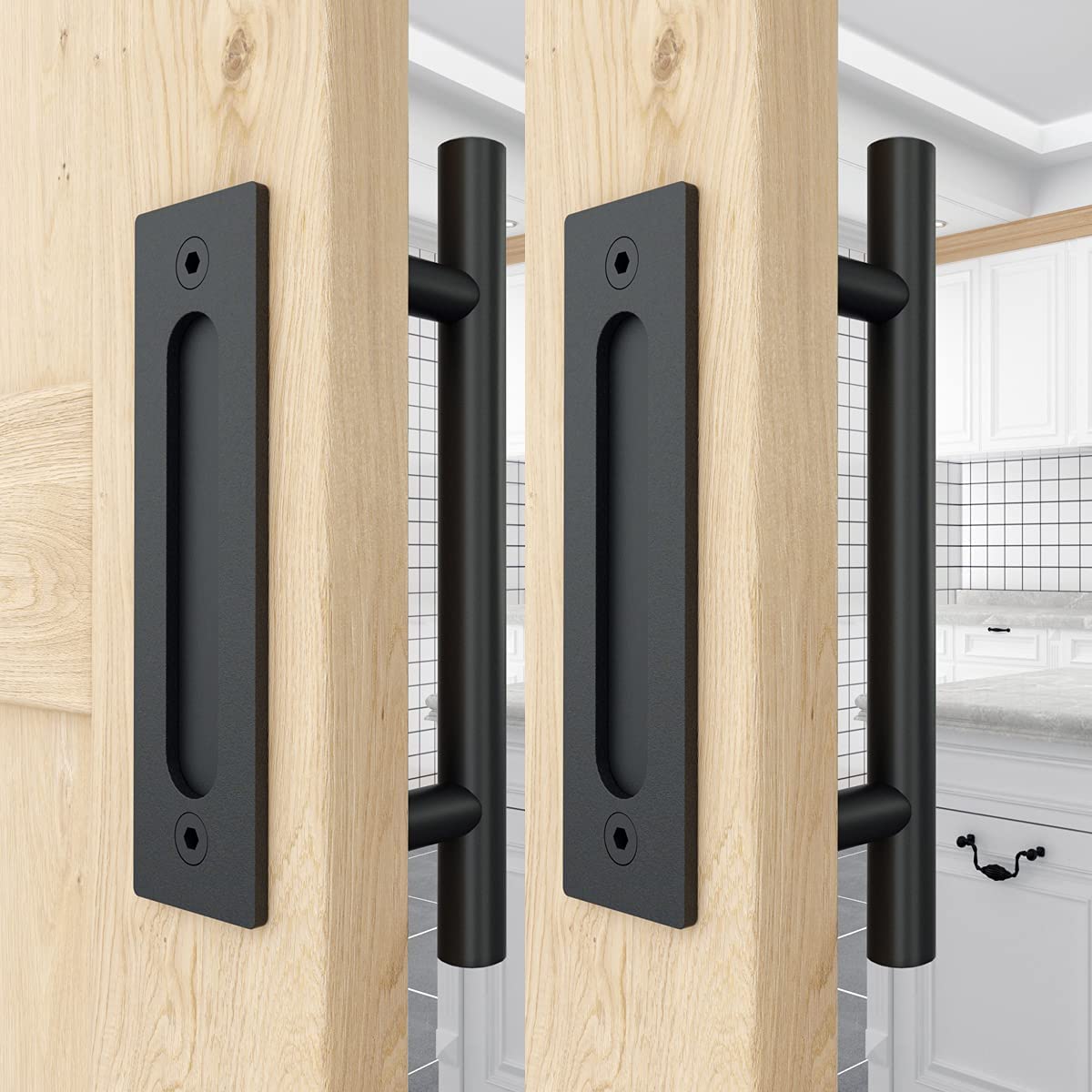 WINSOON 5FT Sliding Barn Wood Door Hardware Cabinet Closet Kit with 2PCS 12 Inch Sliding Barn Door Handles Black Hardware with Pull and Flush Barn Door Handle Set