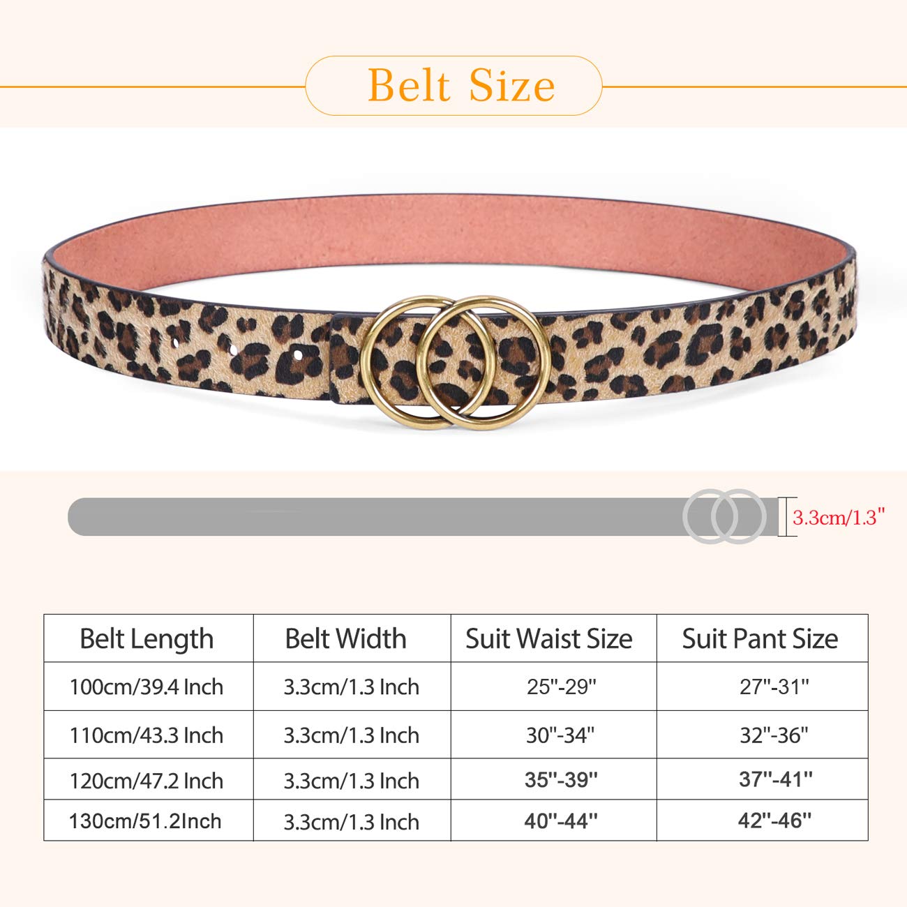 SUOSDEY Women's Leopard Print Leather Belt for Jeans Dresses Fashion Waist Belt with Gold Double Ring Buckle