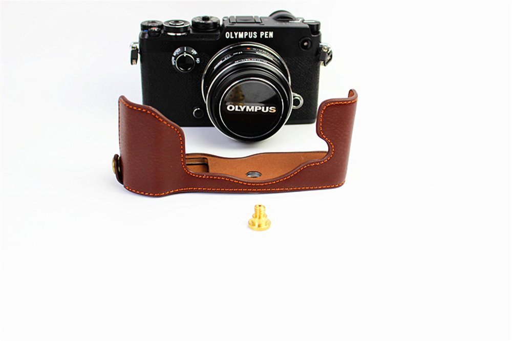 PEN-F Case, BolinUS Handmade Genuine Real Leather Half Camera Case Bag Cover for Olympus PEN-F Bottom Opening Version + Hand Strap - Coffee