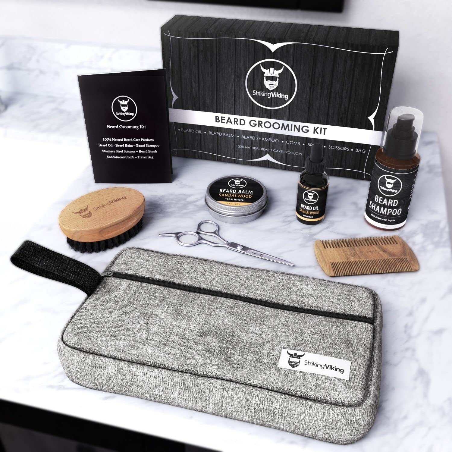 Striking Viking Beard Grooming Kit - Premium Beard Care Products for Men β Beard Shampoo, Beard Oil, Beard Balm Butter, Beard Brush, Wooden Comb, Mustache Scissors, & Toiletry Bag