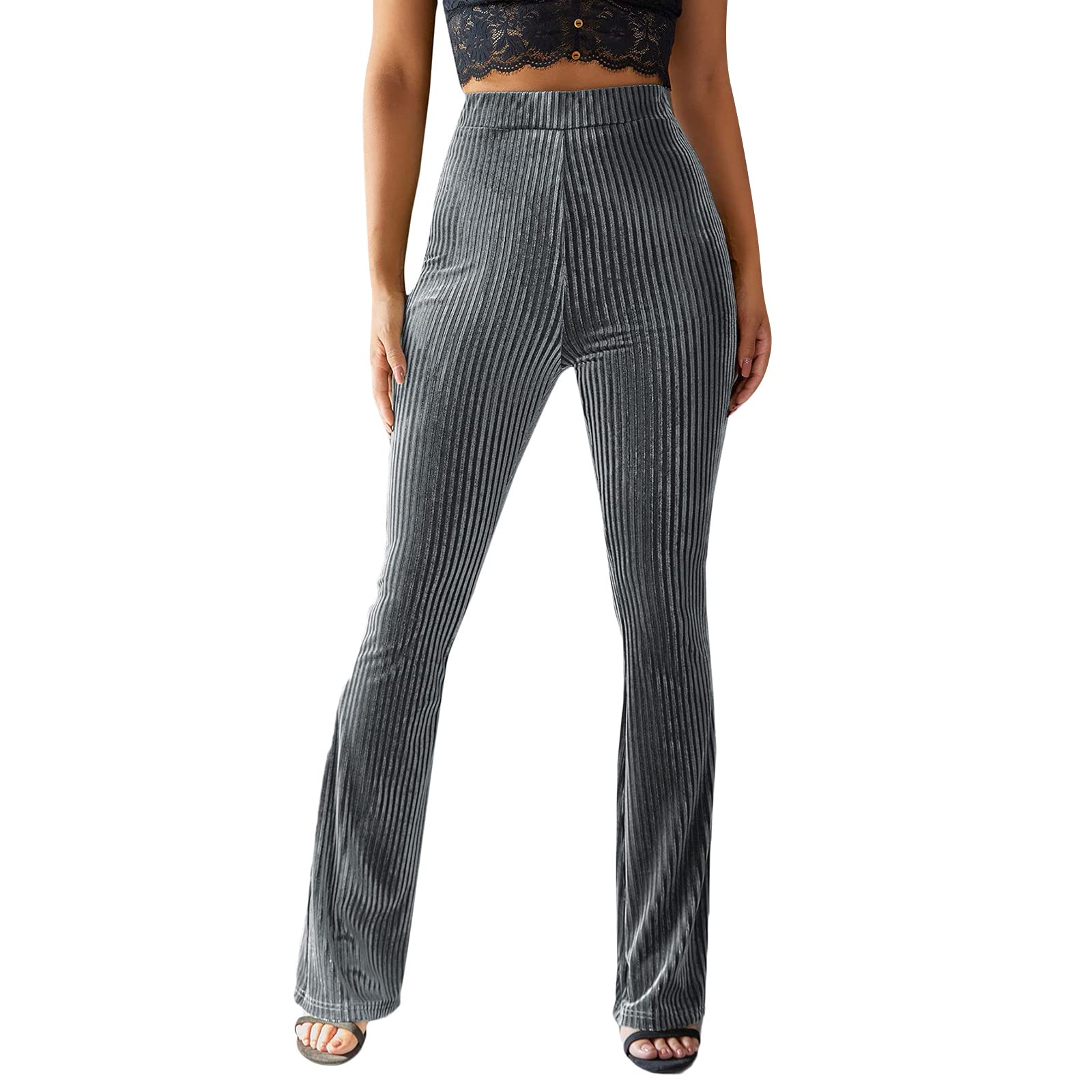 YILYFD Velvet Flare Pants for Women Gothic Elastic High Waisted Courdoroy Disco Bell Bottom Pants Bootcut Yoga Palazzo Long Trousers (Dark Grey, M)
