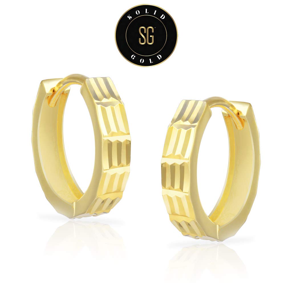 SOLIDGOLD - 14K Real Gold Thick Textured Huggie Click top Hoop Earrings