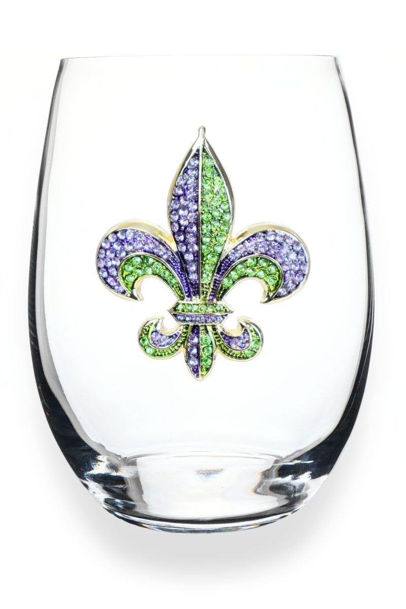 THE QUEENS' JEWELS Purple and Green Fleur de Lis Jeweled Stemless Wine Glass, 21 oz. - Unique Gift for Women, Birthday, Cute, Fun, Not Painted, Decorated, Bling, Bedazzled, Rhinestone